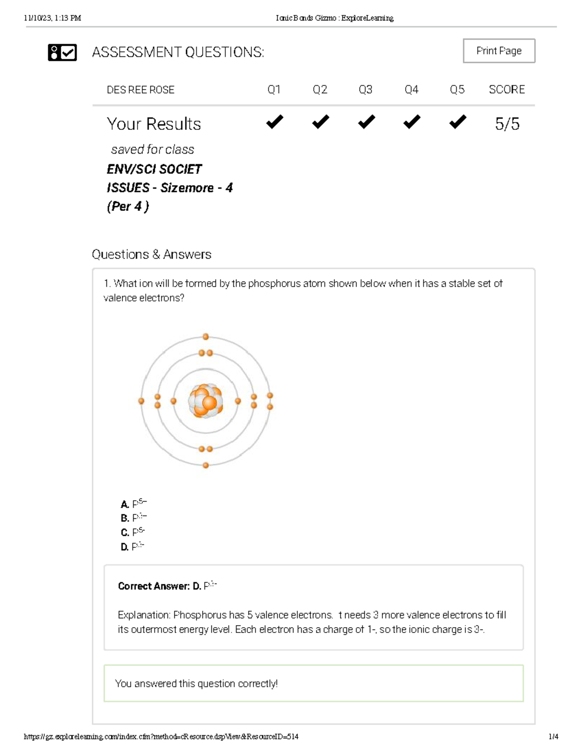 Ionic Bonds Gizmo Explore Learning - ASSESSMENT QUESTIONS: Print Page ...