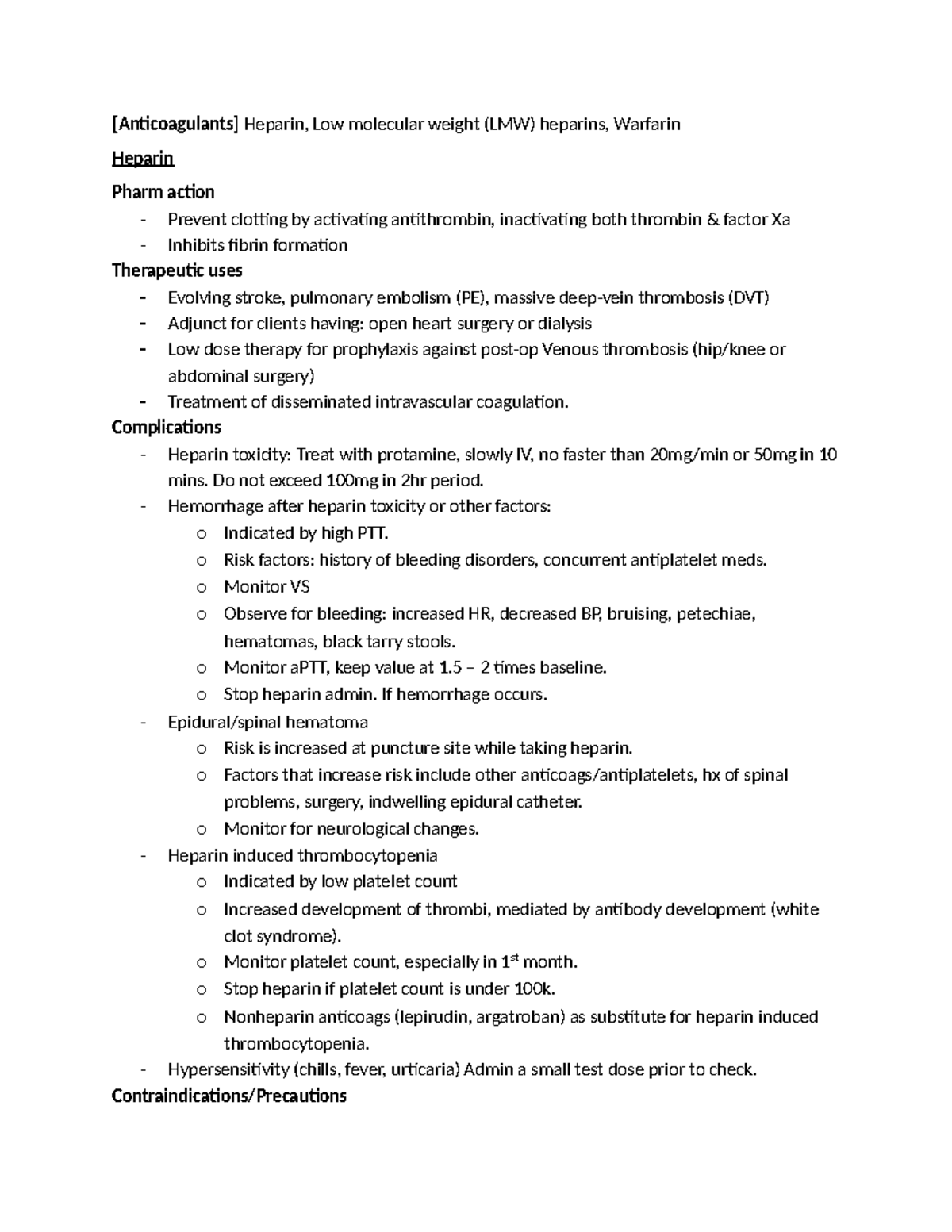 Pharmacology study guide - [Anticoagulants] Heparin, Low molecular ...
