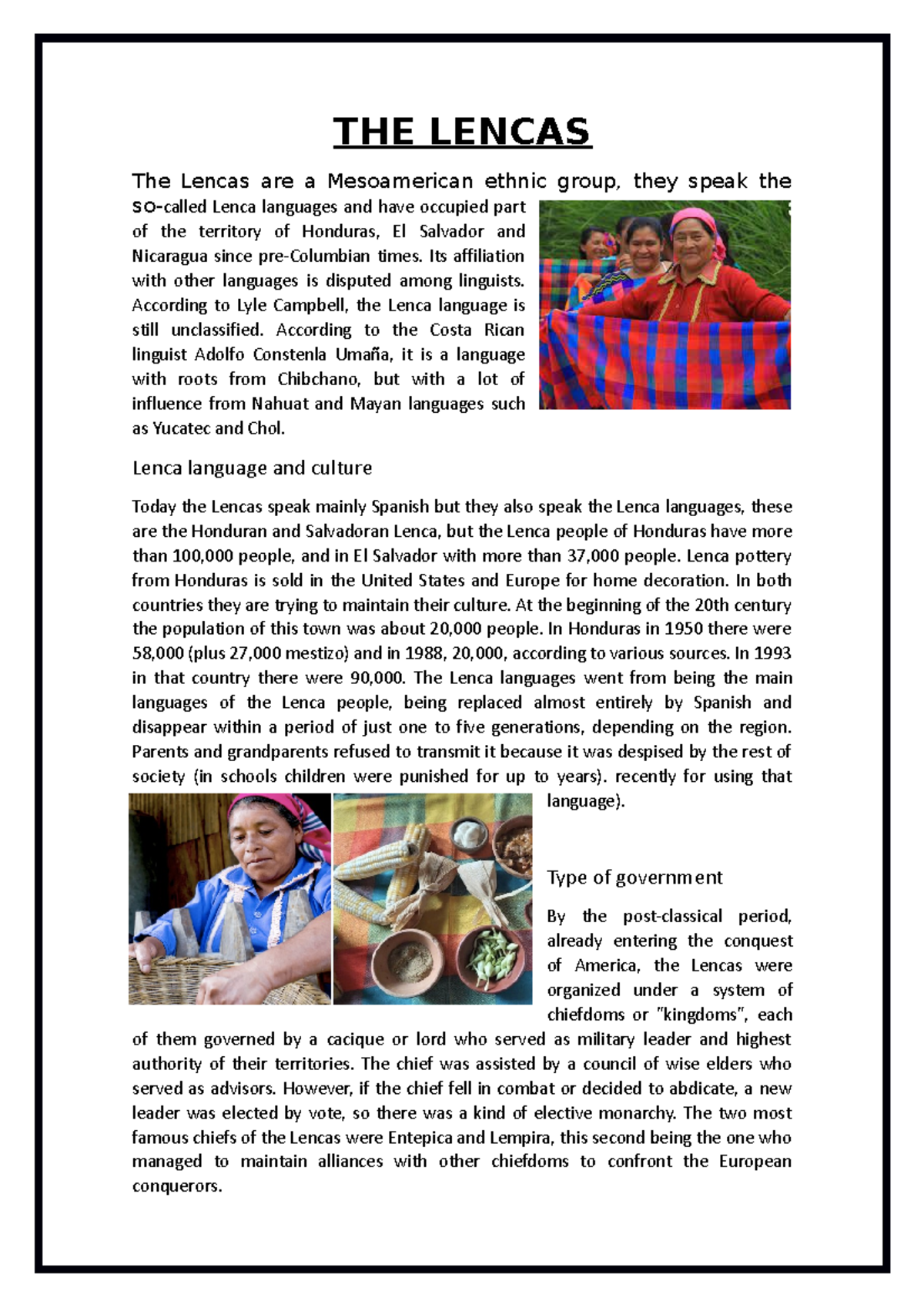 THE Lencas - dfghjkl; - THE LENCAS The Lencas are a Mesoamerican ethnic ...