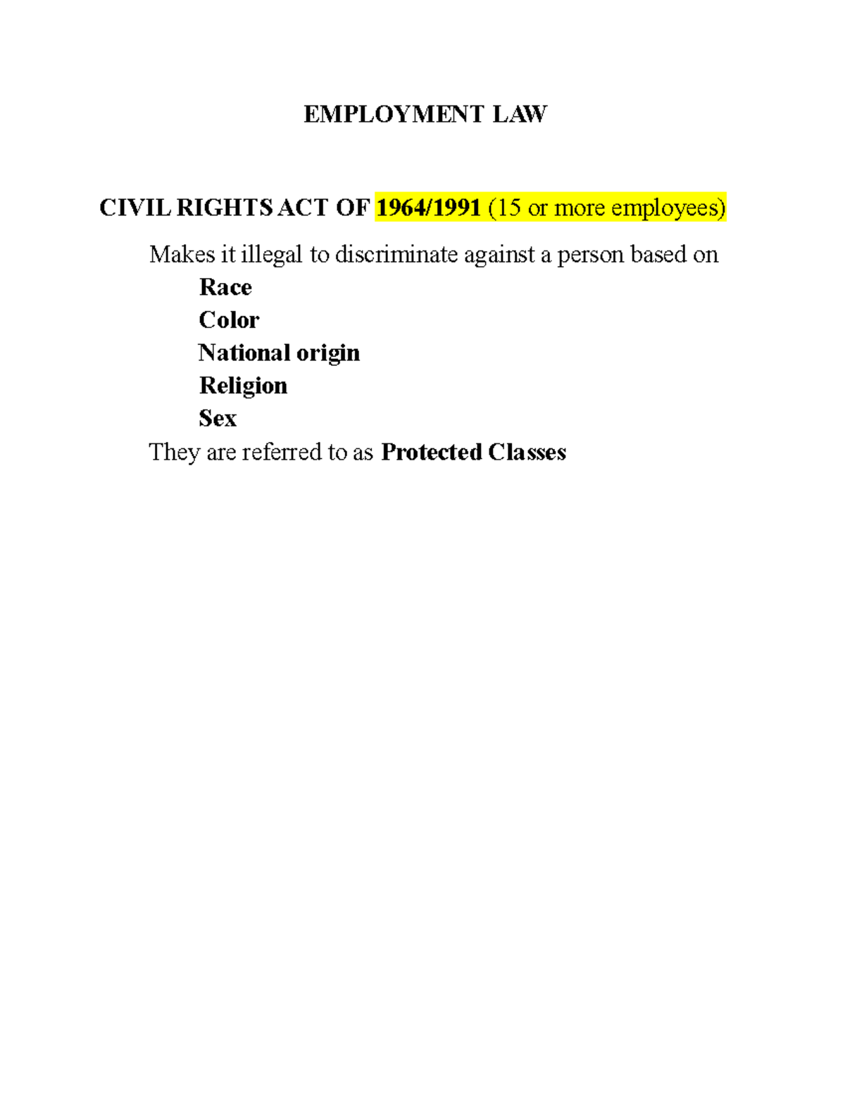 5 - Employment LAW-3 - EMPLOYMENT LAW CIVIL RIGHTS ACT OF 1964/1991 (15 ...