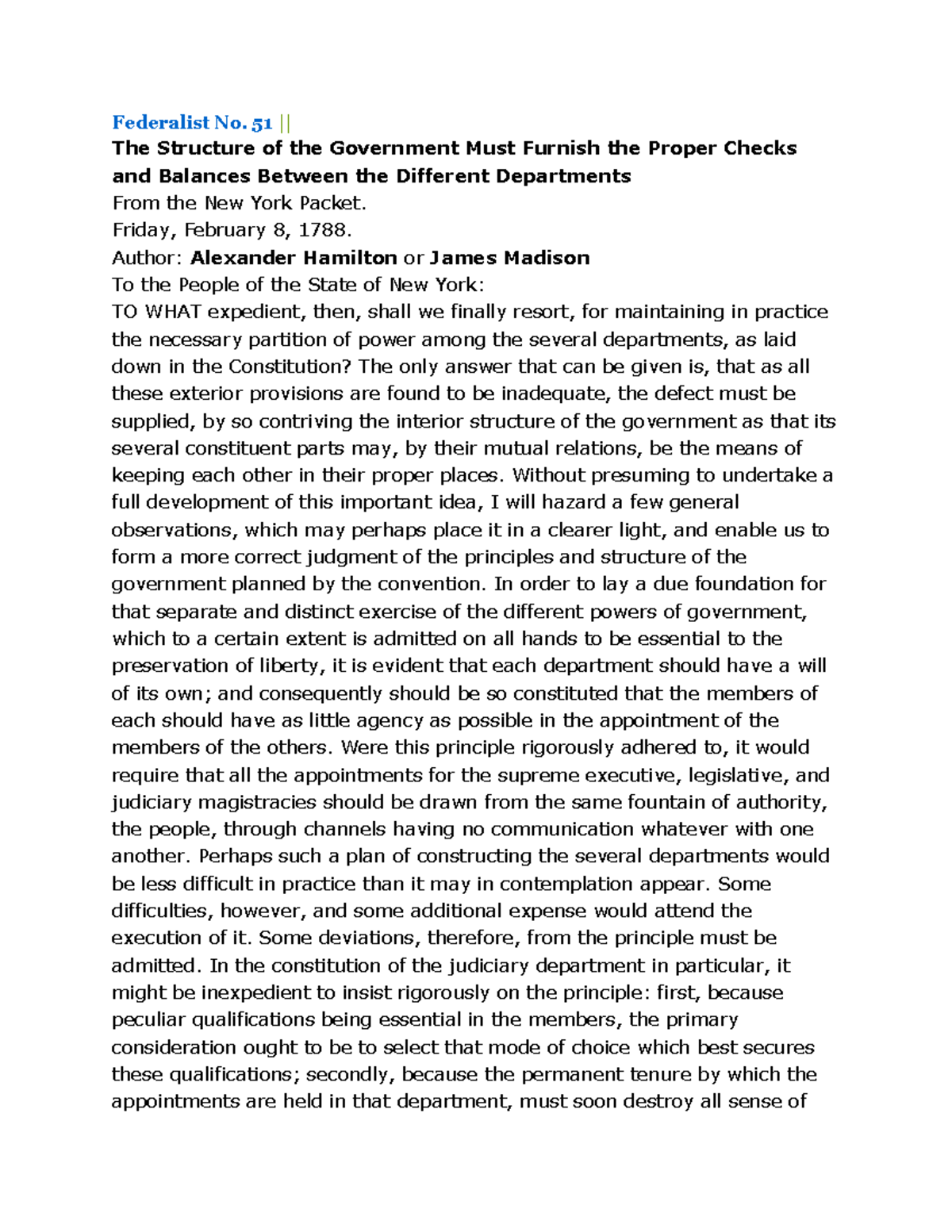 Federalist No. 51: The Structure of Government and Checks and Balances ...