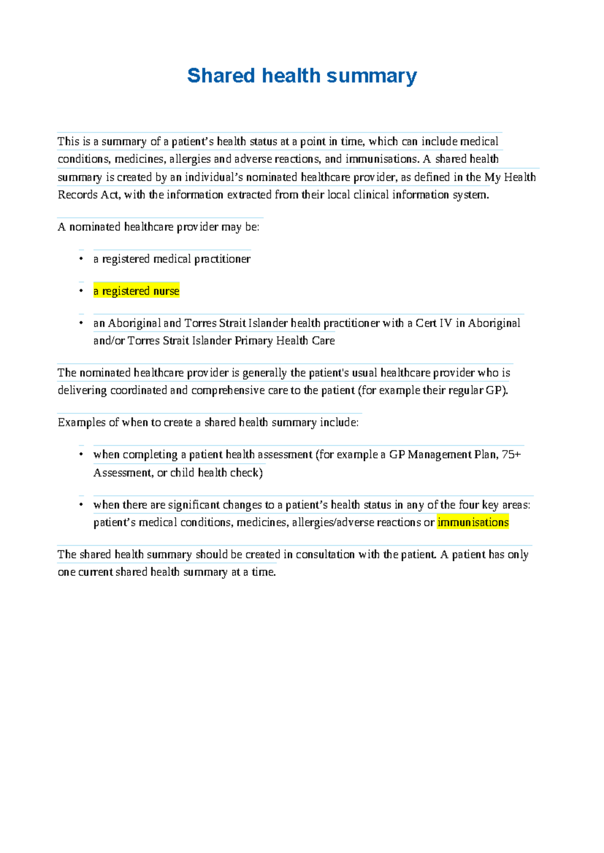 Nurse role for SHS - Shared health summary This is a summary of a ...