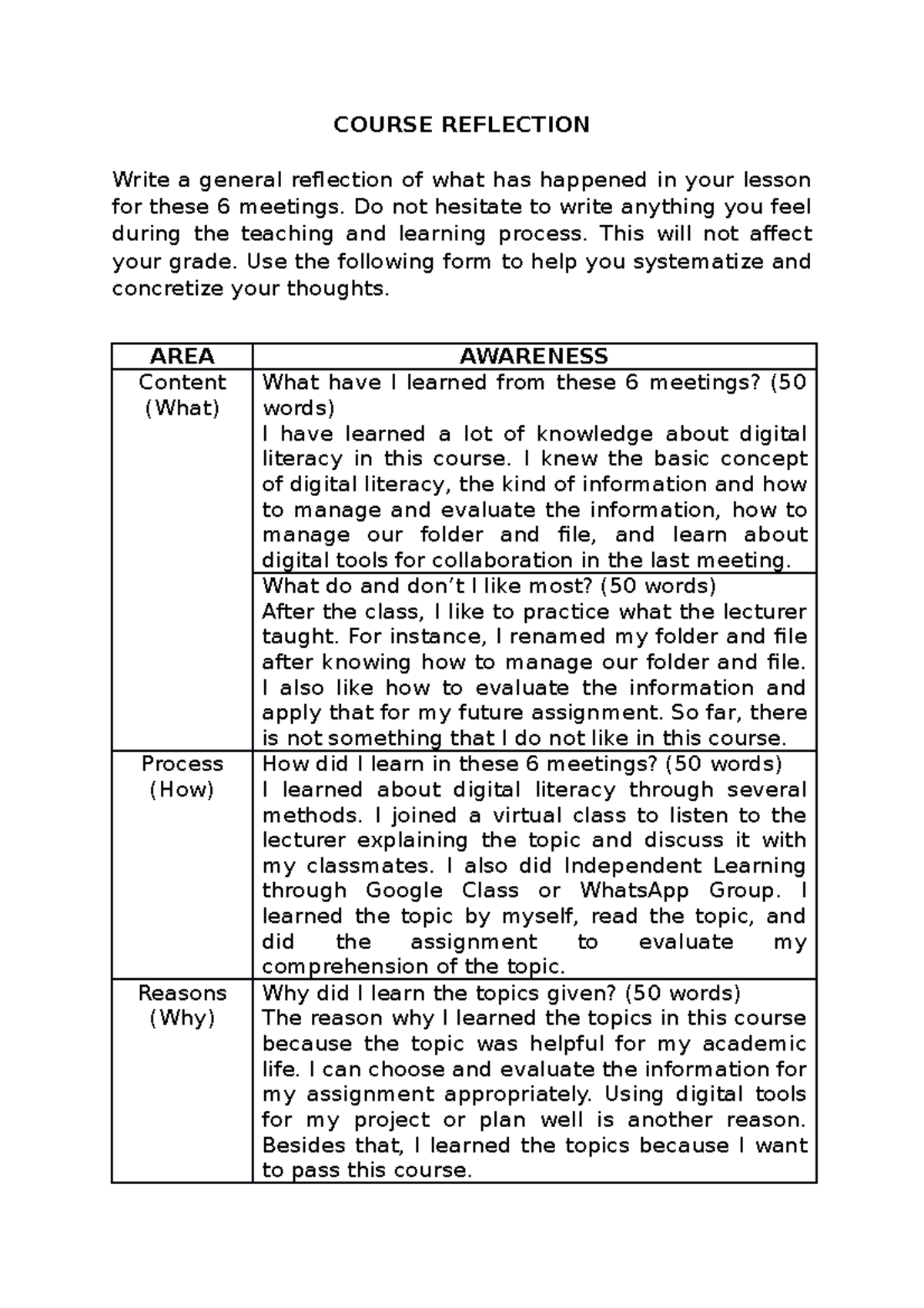 Other Course Reflection - COURSE REFLECTION Write a general reflection ...