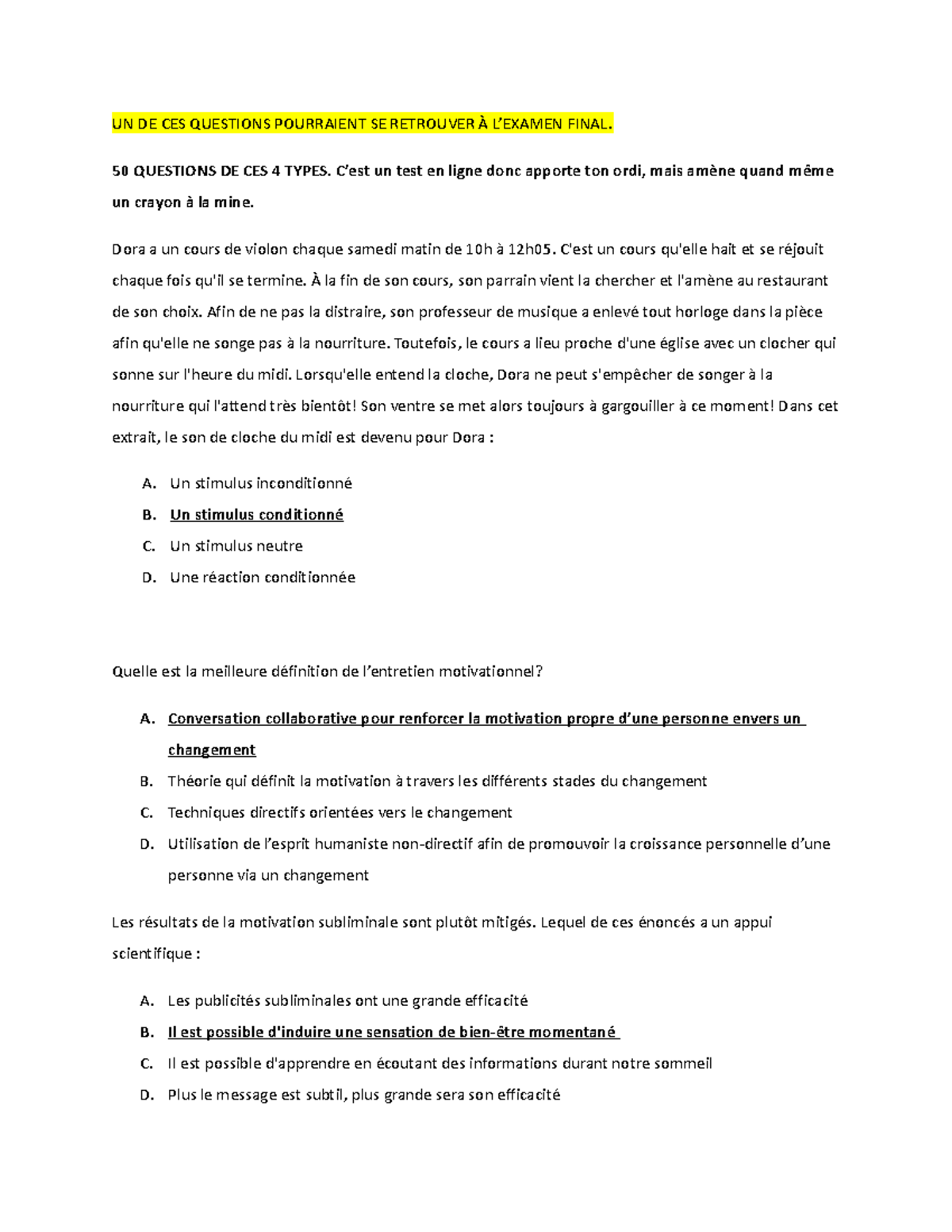 Exemple de question intra - UN DE CES QUESTIONS POURRAIENT SE RETROUVER ...
