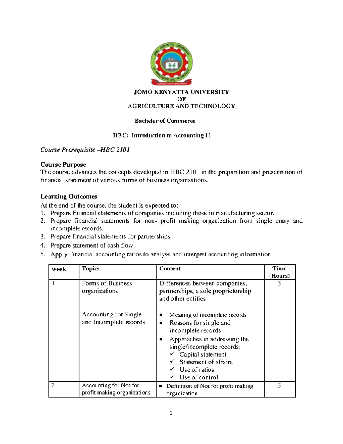HBC 2107 Introduction TO Accounting 11 Course Outline - JOMO KENYATTA ...