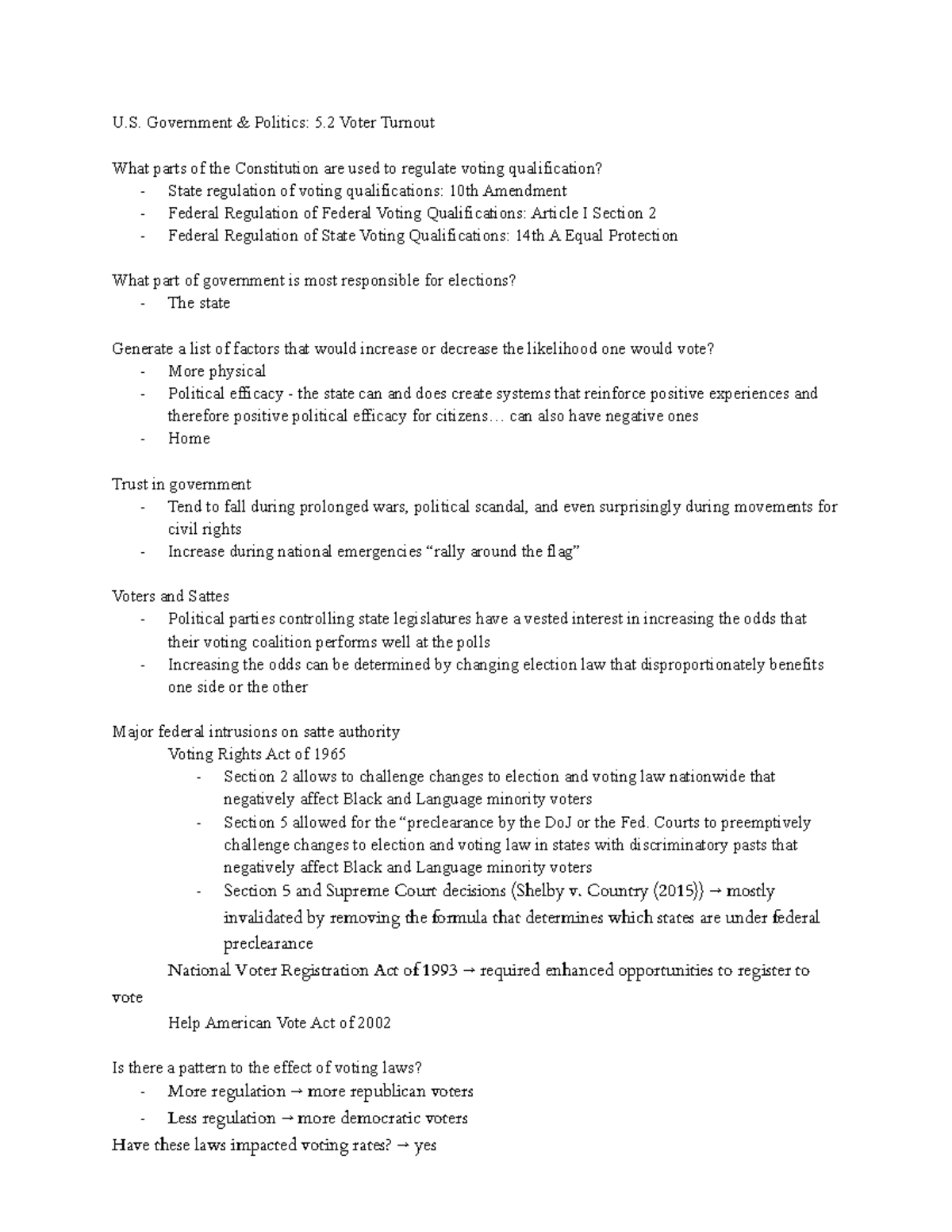 U.S. Government & Politics 5.2 Voter Turnout - U. Government & Politics ...