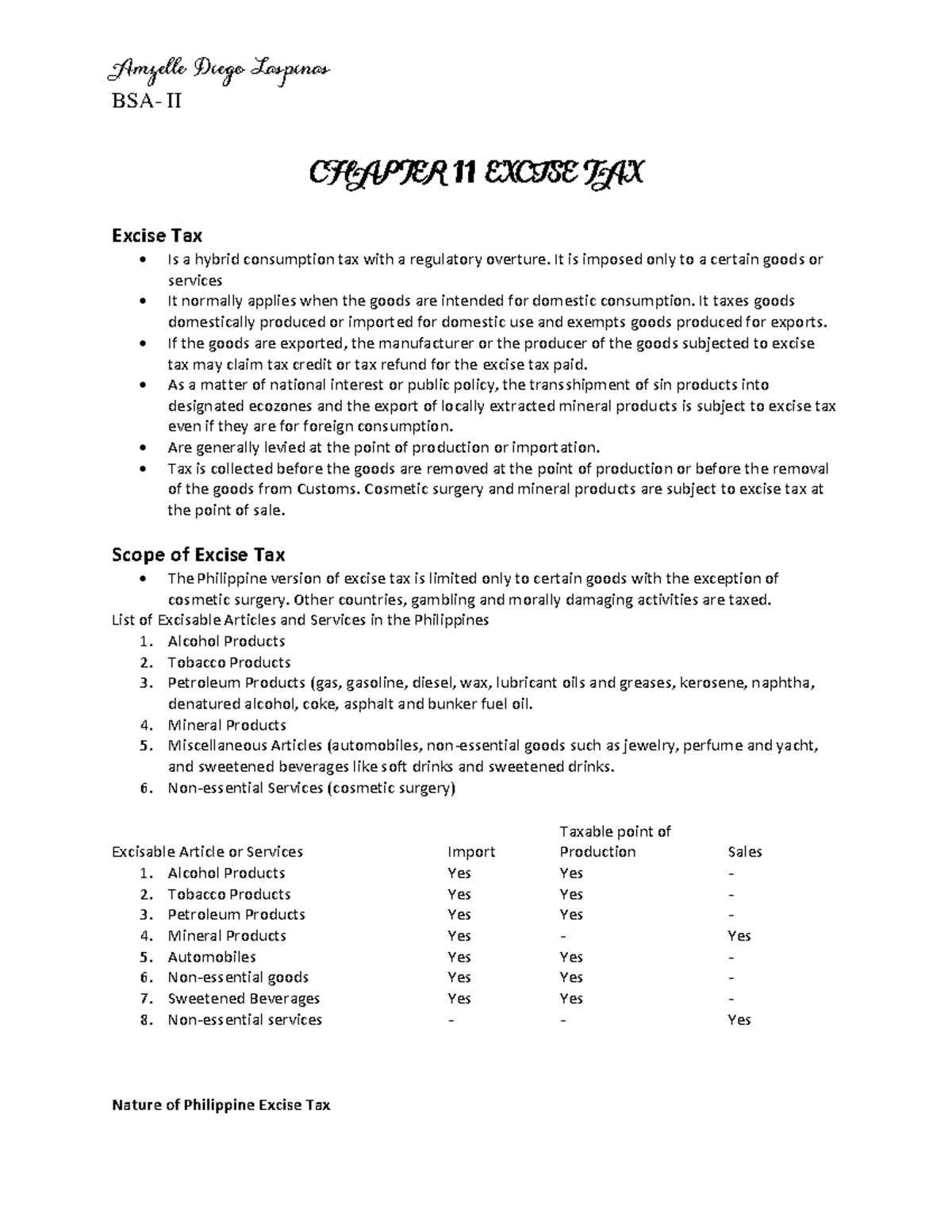 Pdfcoffee - poiuytr - BSA- II CHAPTER 11 EXCISE TAX Excise Tax Is a ...