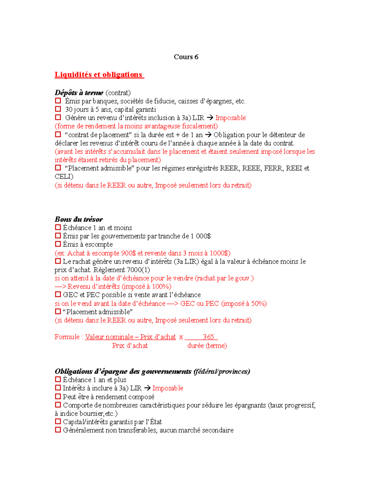 Cours 6 - Produit financier - Cours 6 Liquidités et obligations Dépôts ...