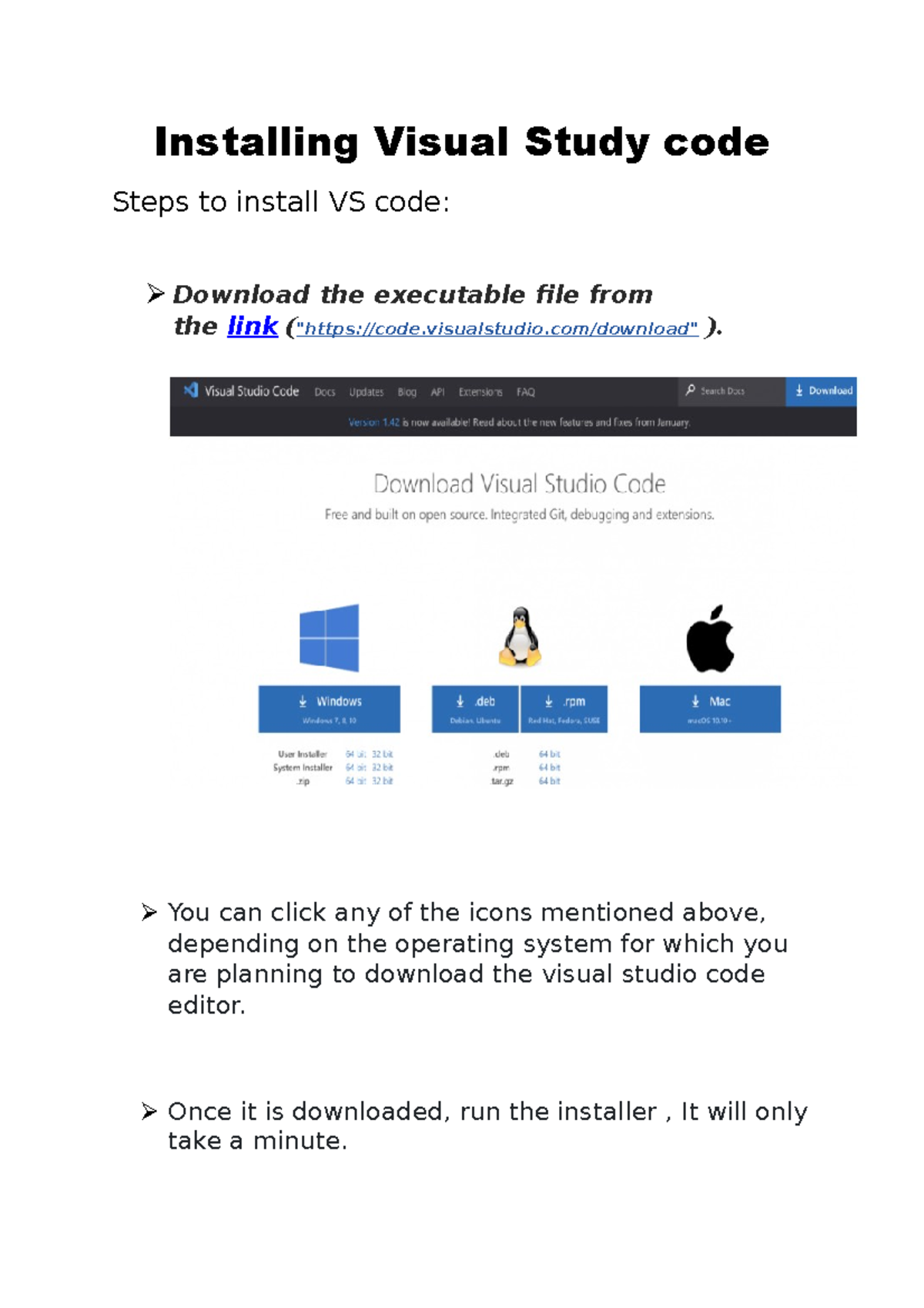 Installing Visual Study code - visualstudio/download" ). You can click ...