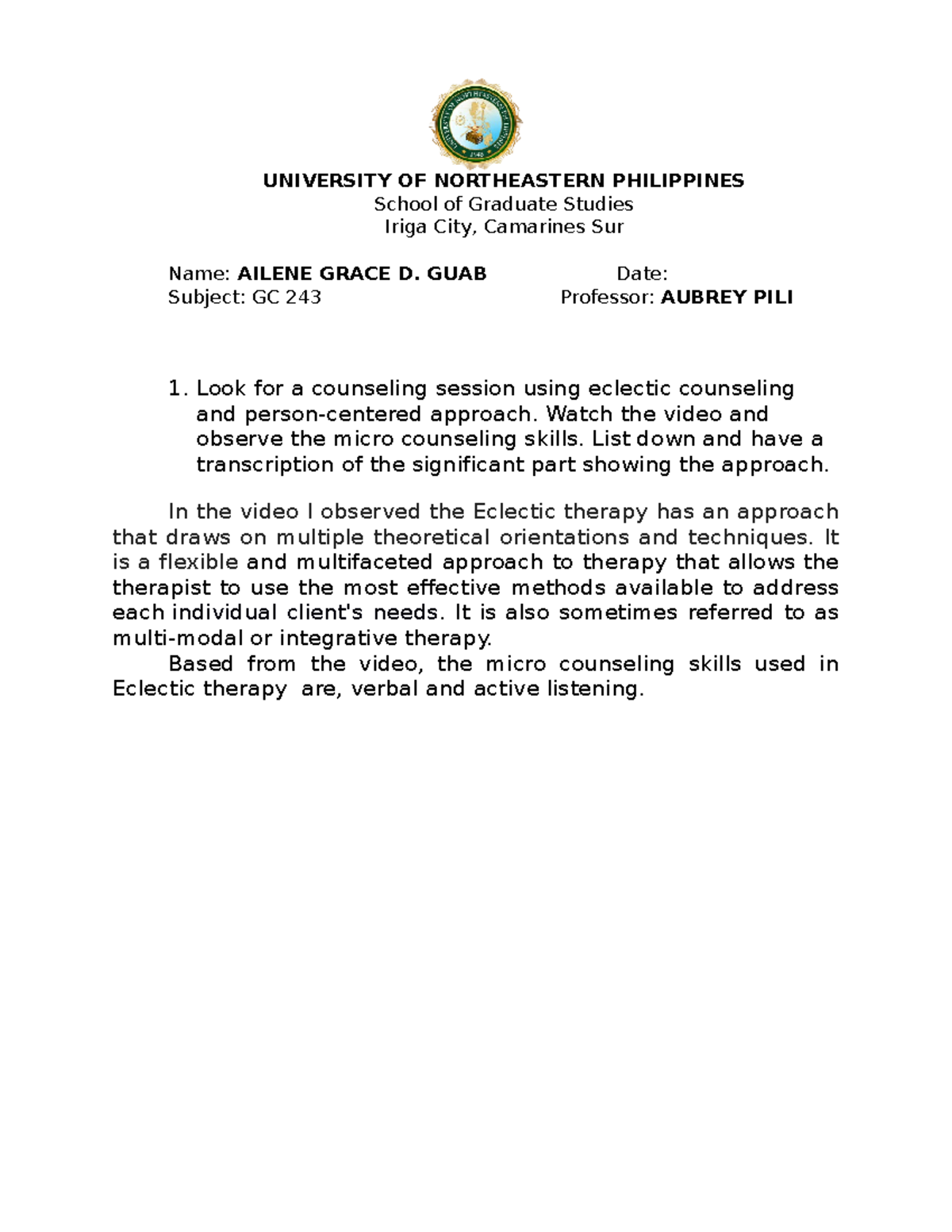 Counseling session Eclectic GUAB - UNIVERSITY OF NORTHEASTERN ...