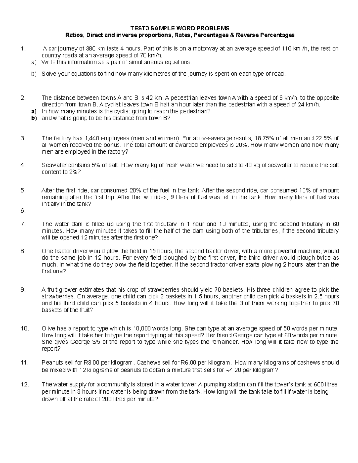 Sample Questions - WORD Problems - TEST3 SAMPLE WORD PROBLEMS Ratios ...