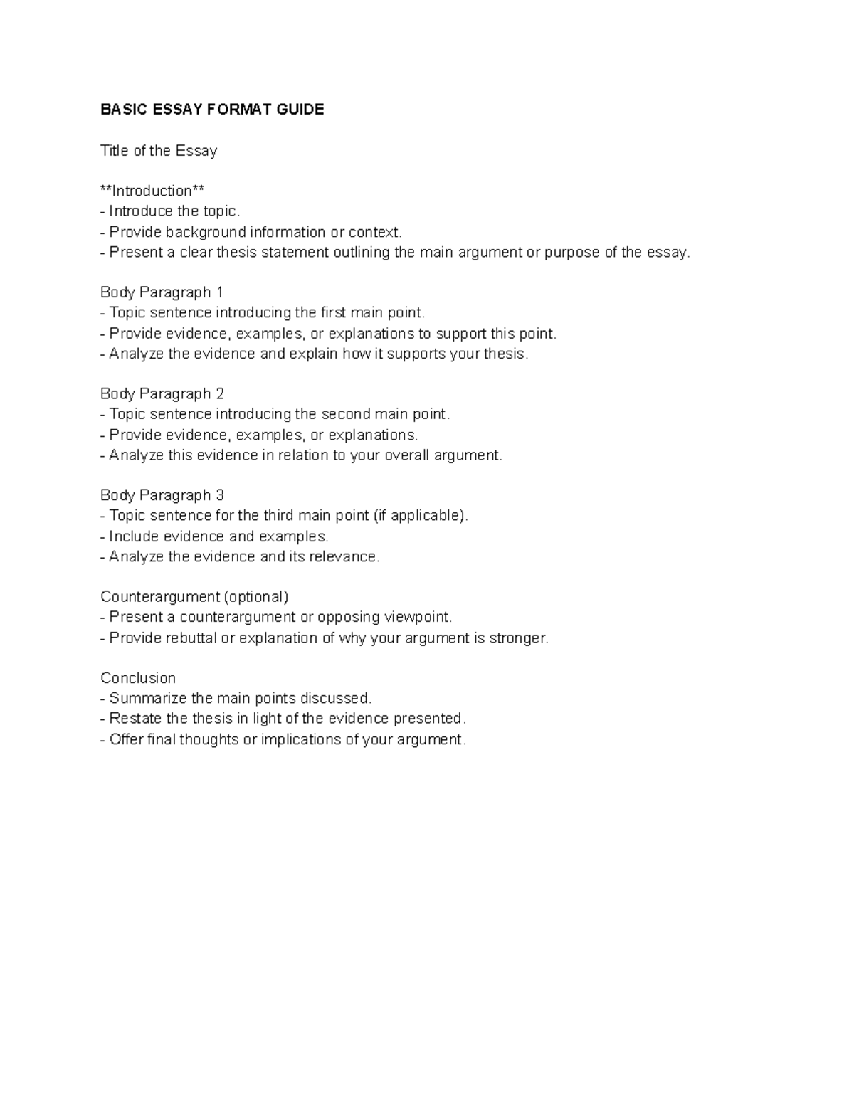Basic Essay Format Guide - BASIC ESSAY FORMAT GUIDE Title of the Essay ...