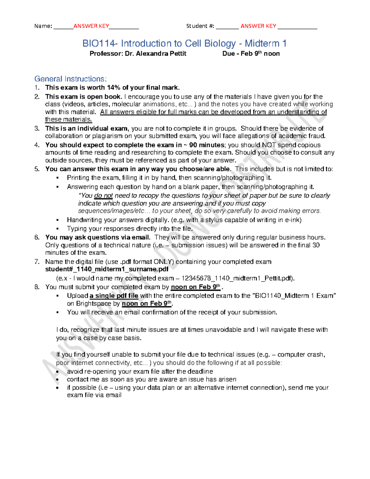 Bio1140 2021 Midterm 1 Answer Key Bio114 Introduction To Cell