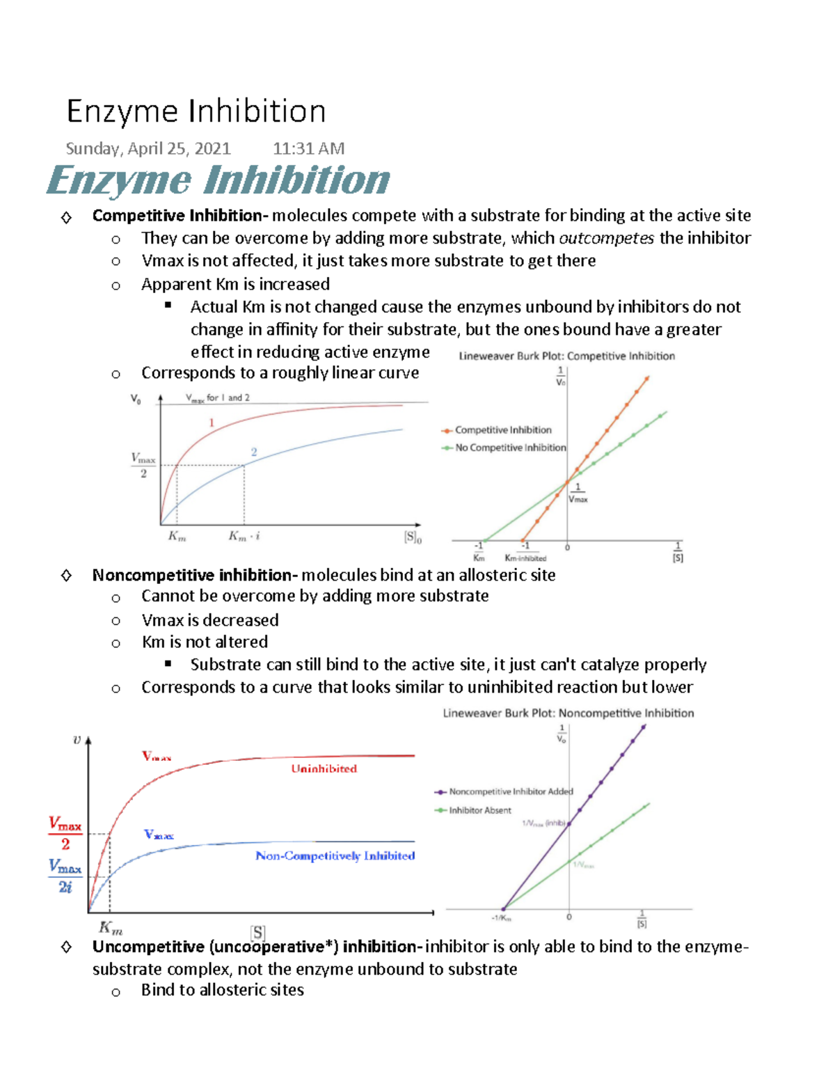 Biochem Enzyme Inhibition - Lecture notes Week 5 Lecture 2 - 153A ...