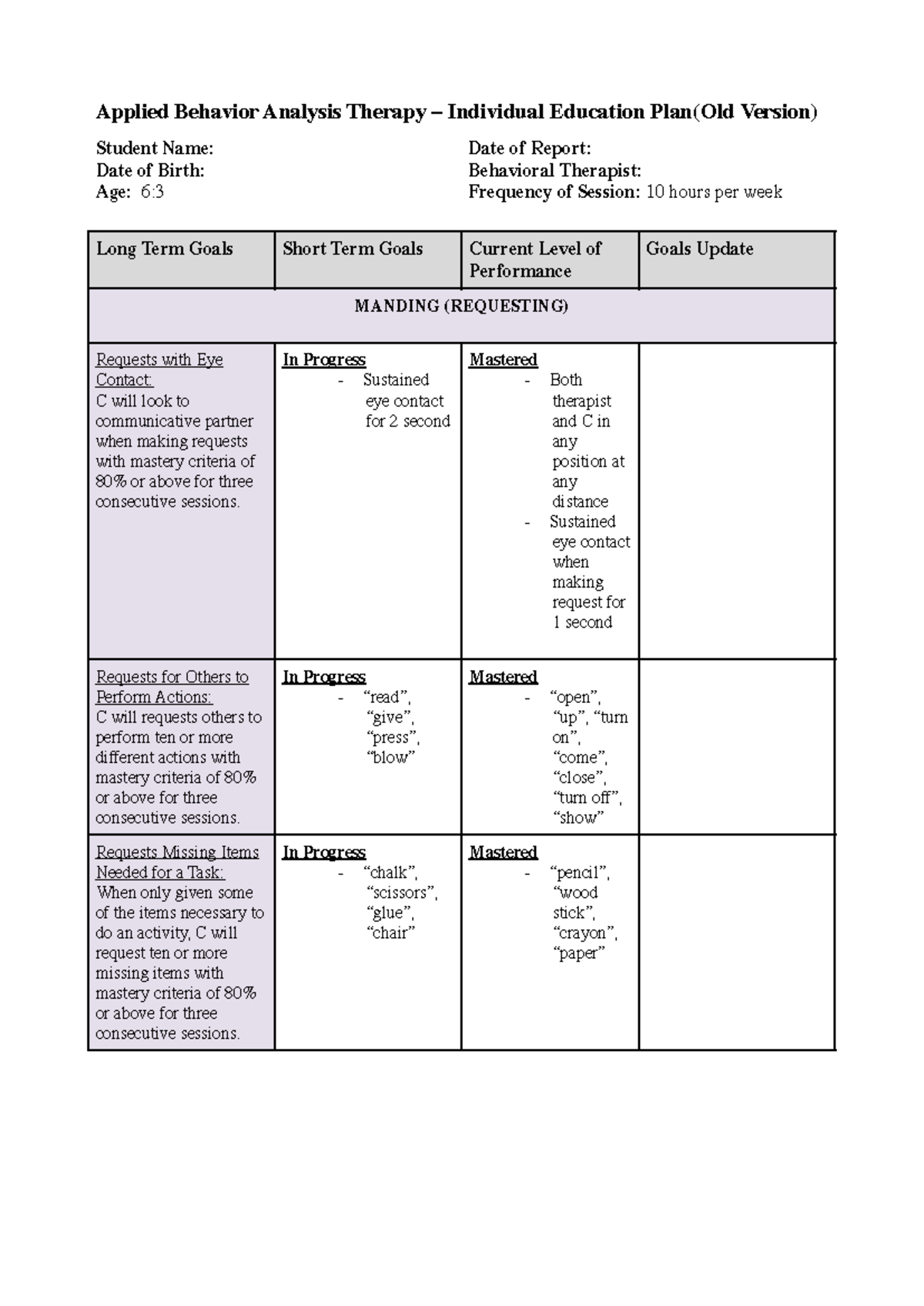 IEP ABA template 2 - ABA notes - Applied Behavior Analysis Therapy ...