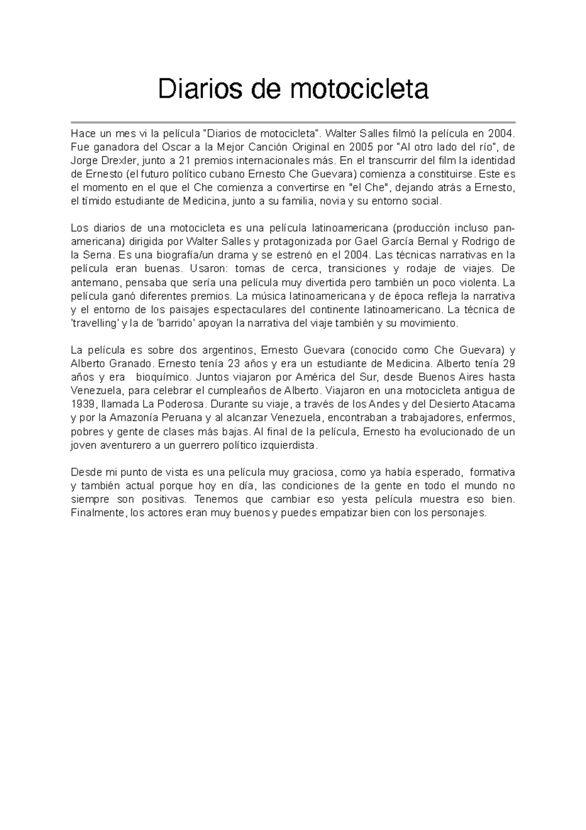 VWO5 Spaans recensie Diarios de motocicleta - Diarios de motocicleta ...