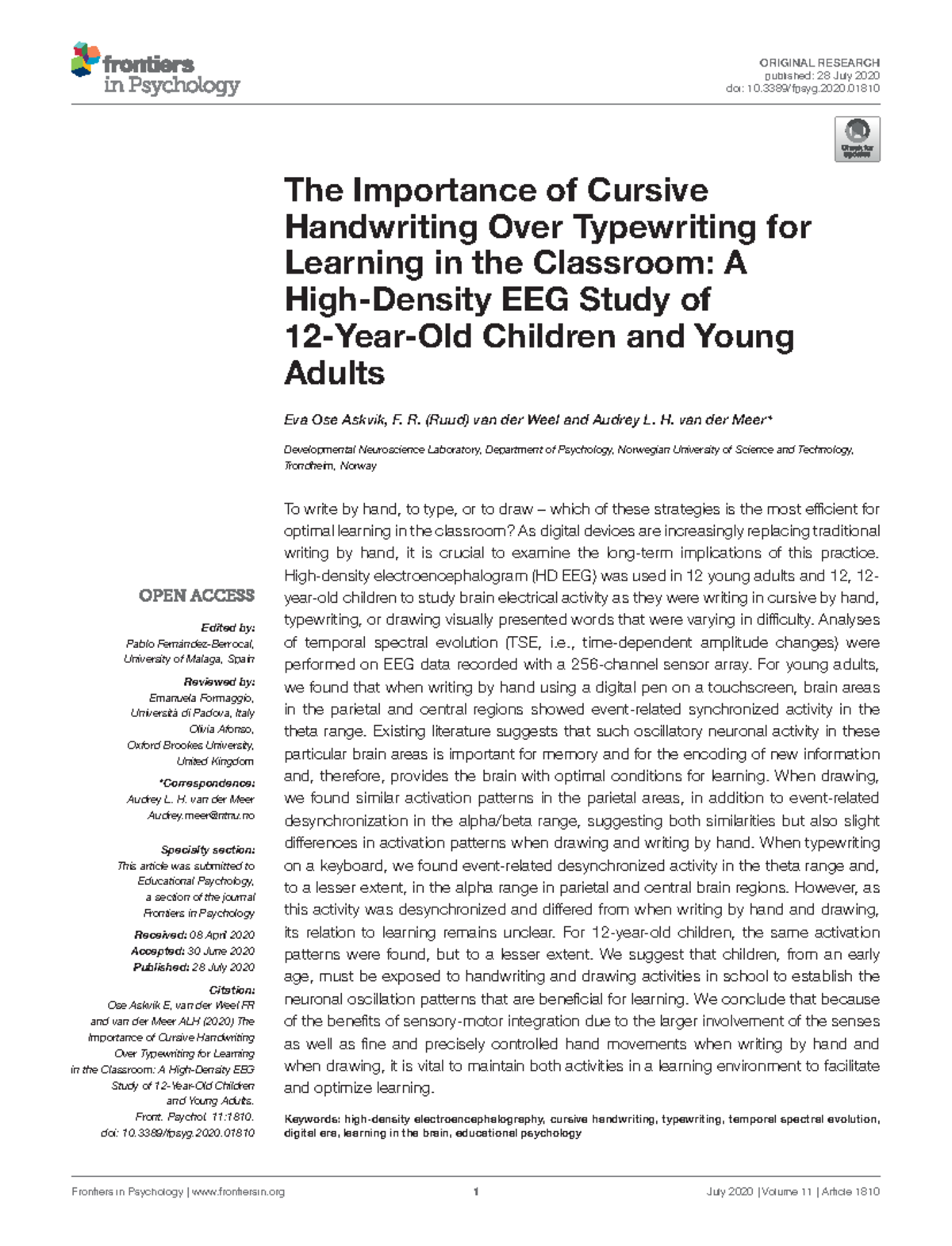 The importance of cursive handwriting over typewriting for learning in ...