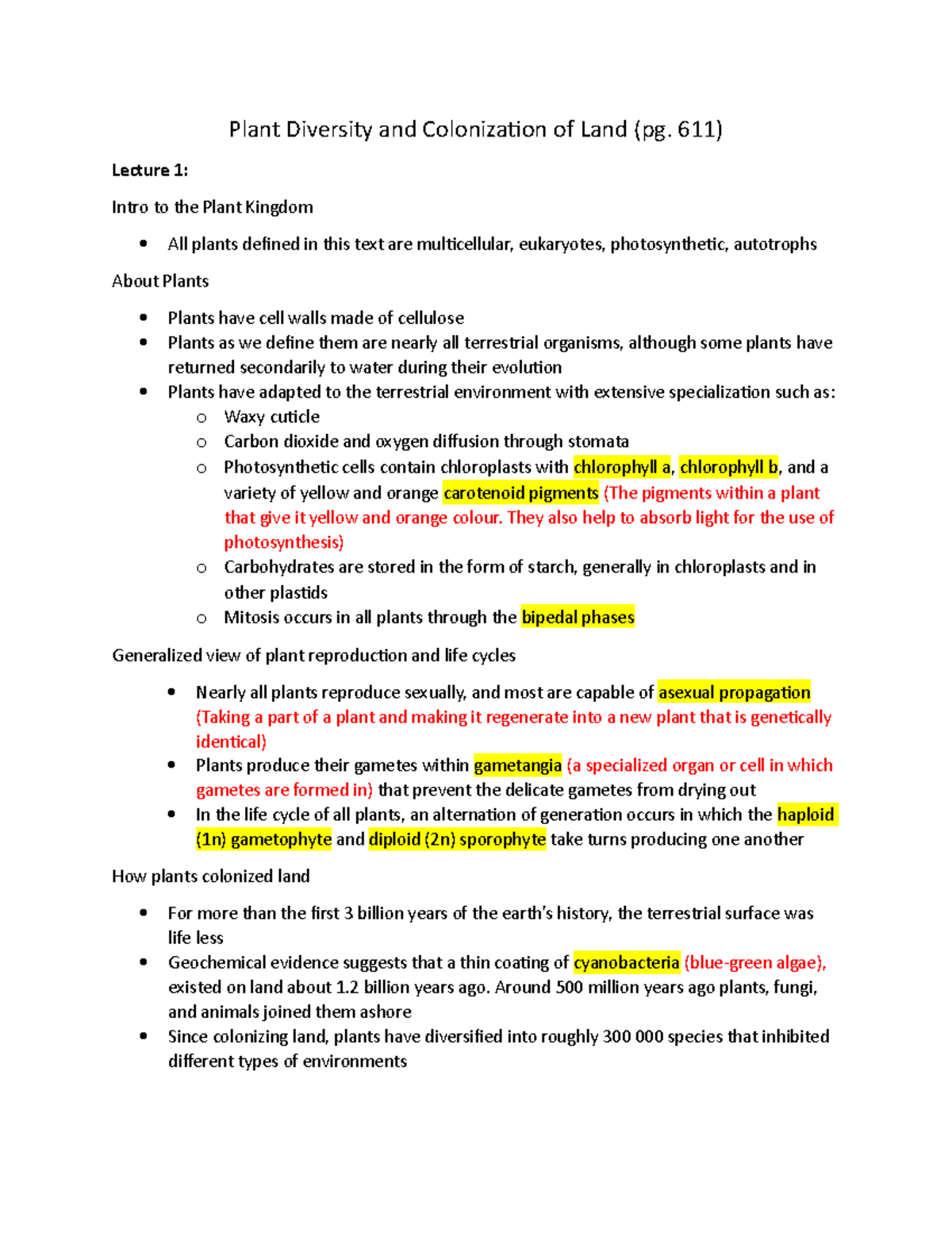 Lec 1, Jan 6th, 2020 - Plant Diversity and Colonization of Land - Plant ...