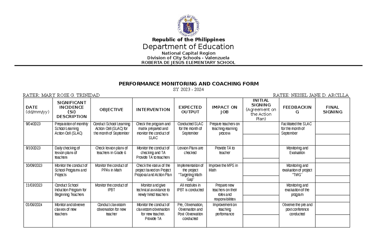Performance Monitoring Coaching FORM 2024 - Republic of the Philippines ...