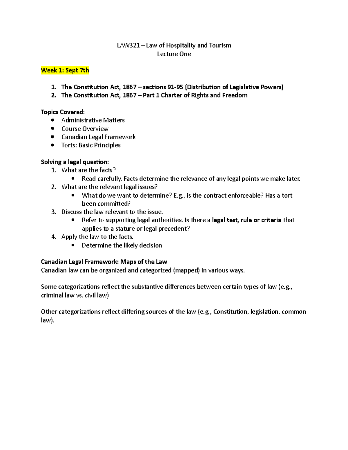 LAW321 lecture notes from weekly classes - LAW321 – Law of Hospitality ...