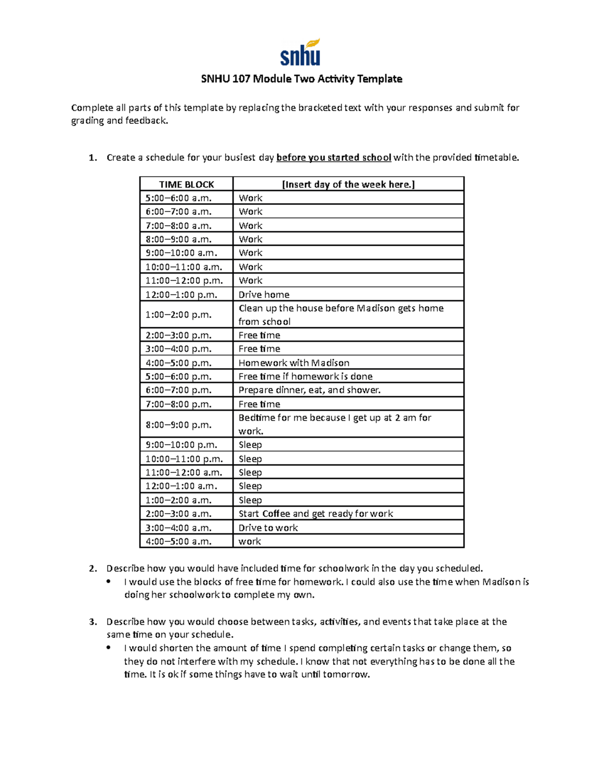 SSOL 2 - Activity Personal Scheduling - SNHU 107 Module Two Activity ...