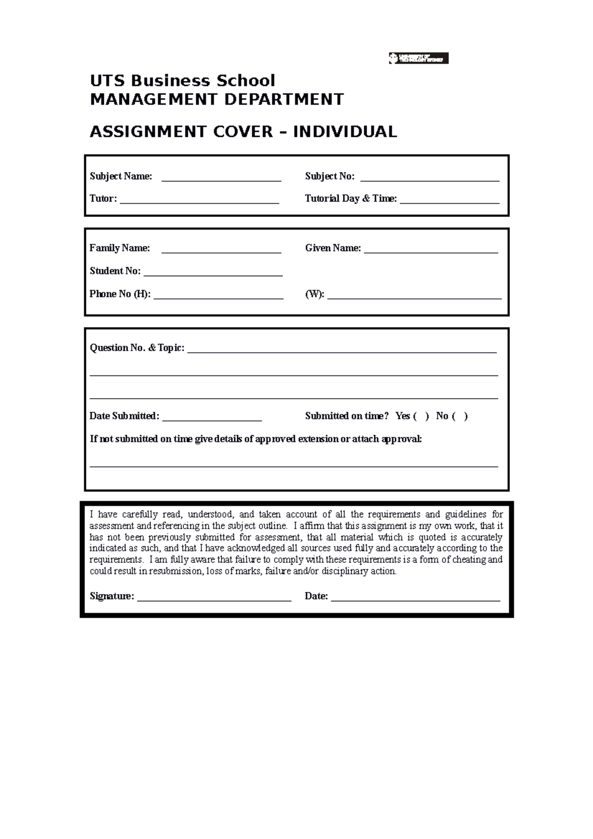 Assignment Cover Sheet Individual - UTS Business School MANAGEMENT ...