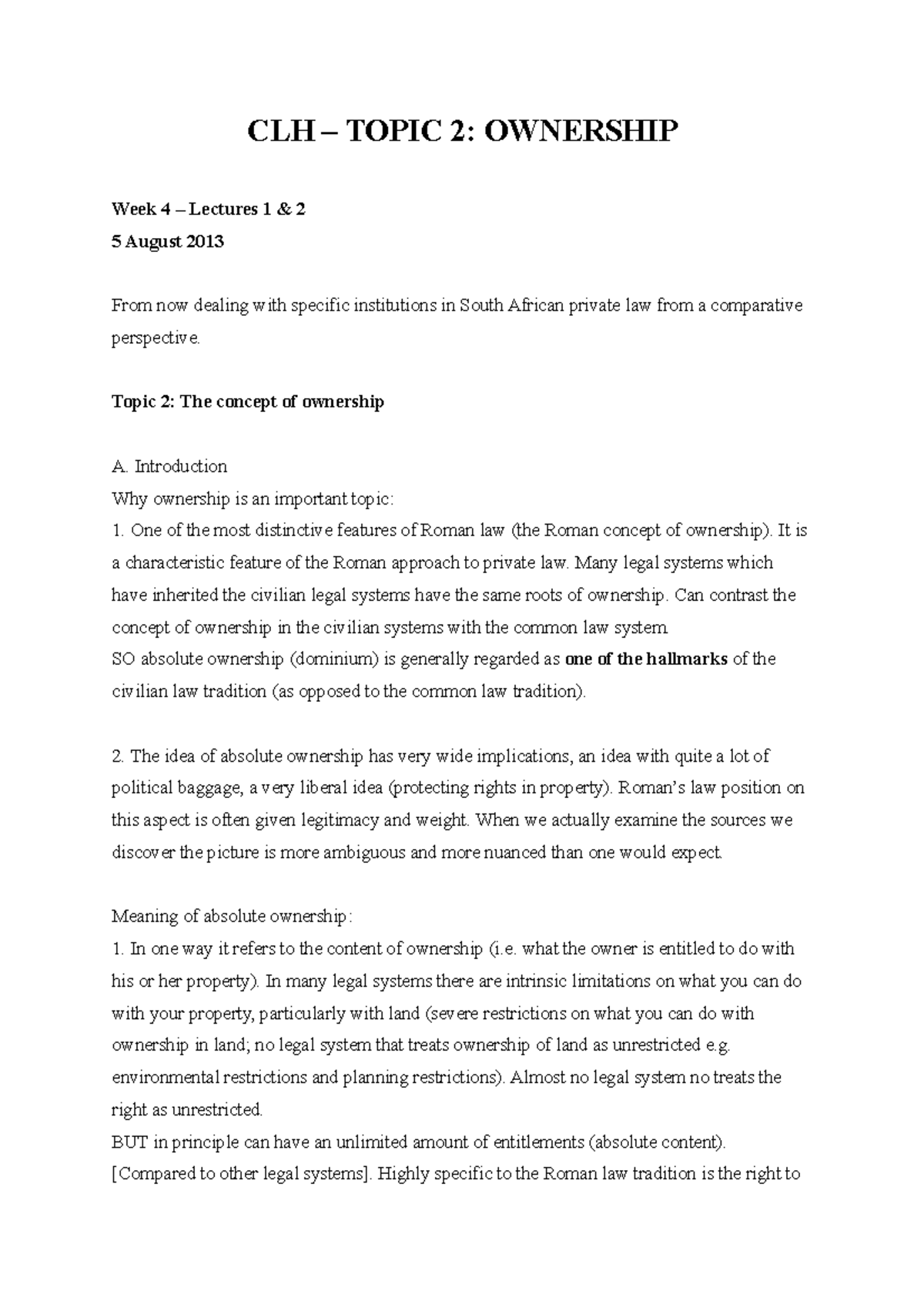 CLH - Topic 2 - Summary Private law - CLH TOPIC 2: OWNERSHIP Week 4 ...
