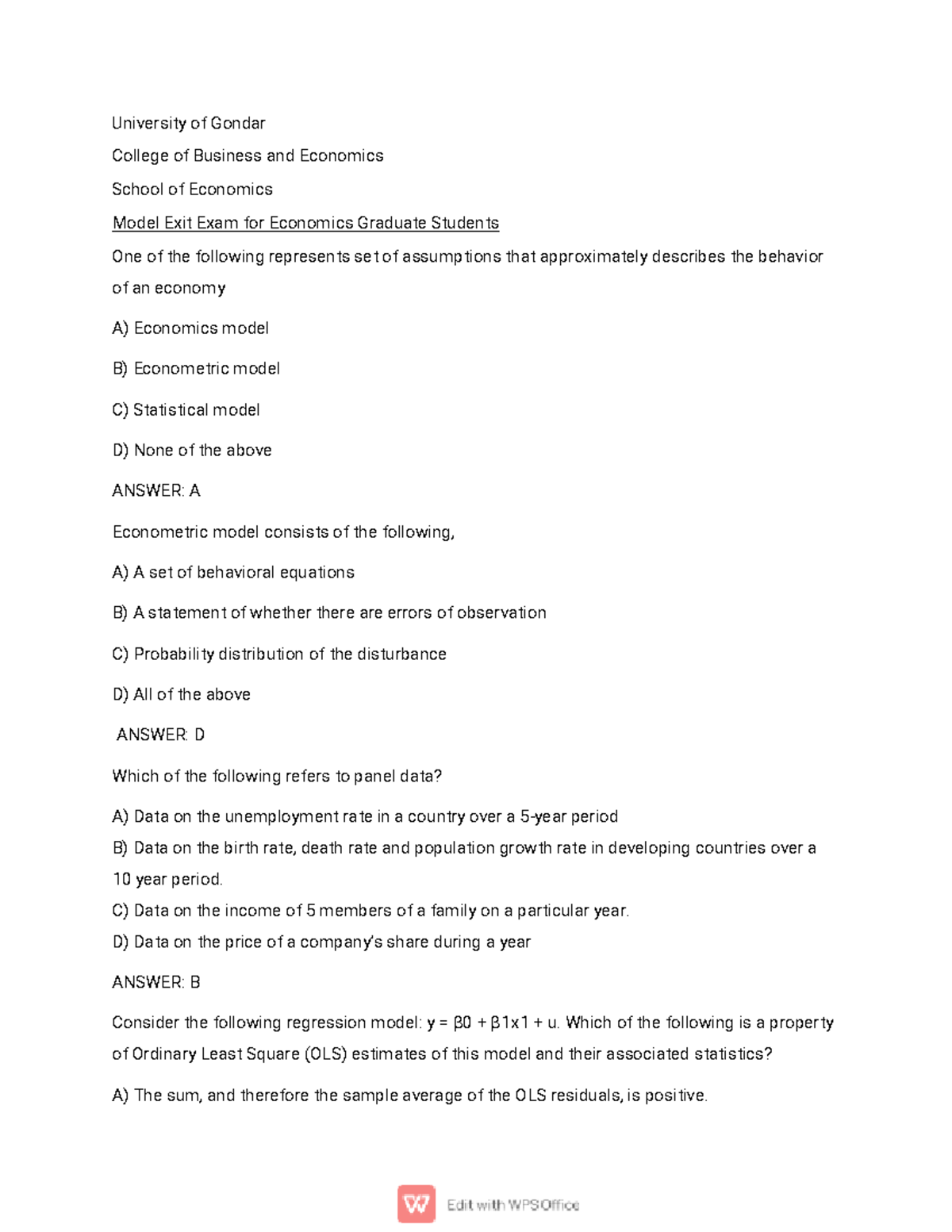 School of Economics Model Exit Exam - University of Gondar College of ...