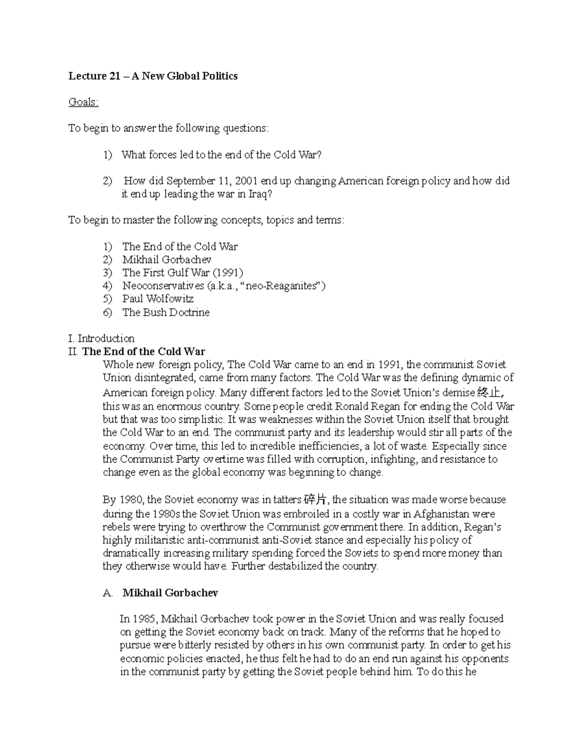 Lecture 21 New Global Politics notes - Lecture 21 – A New Global ...