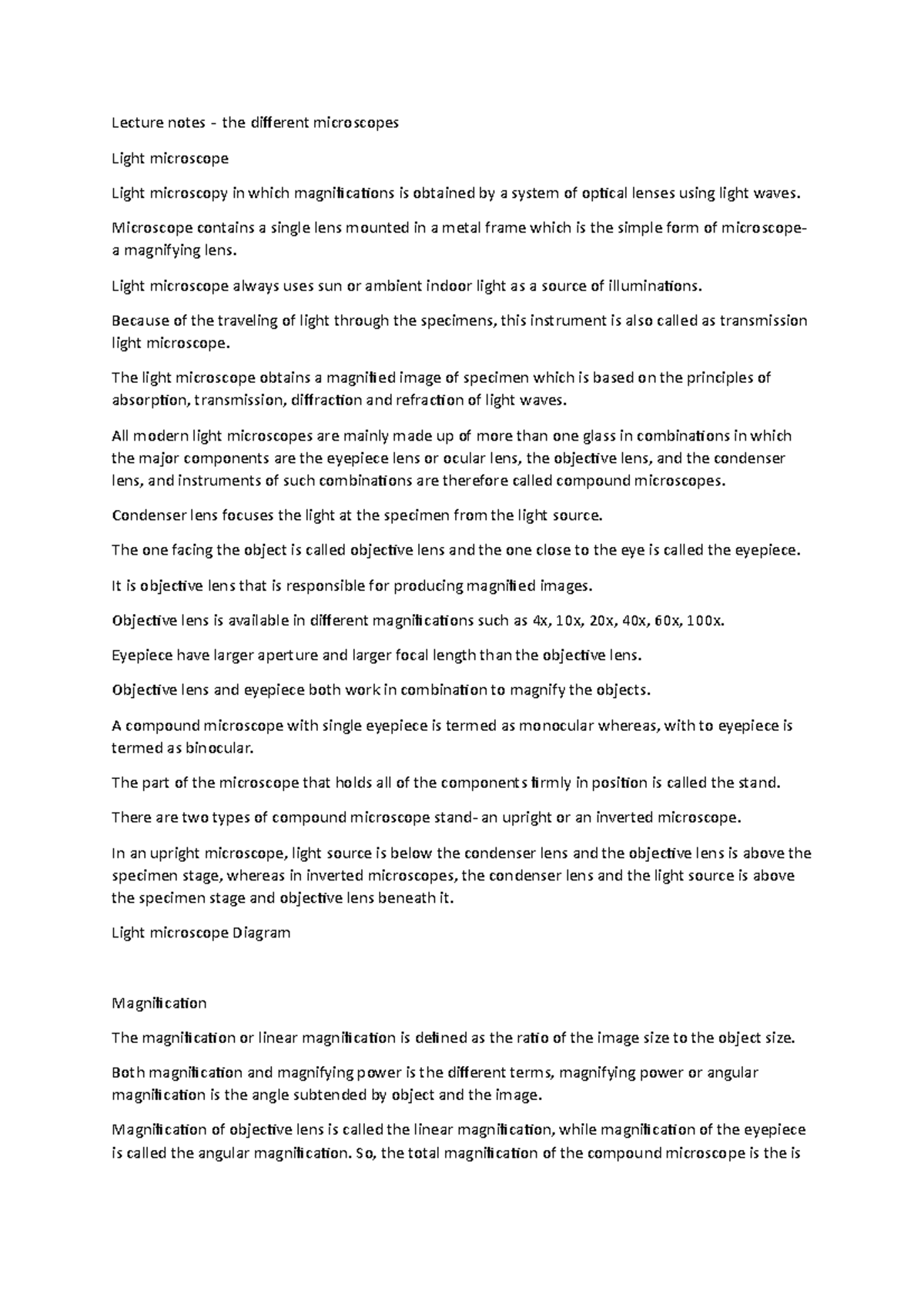 Lecture notes - the different microscopes - Microscope contains a ...