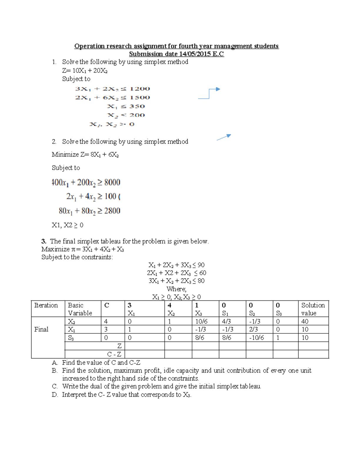 OR assignment - Operation research assignment for fourth year ...