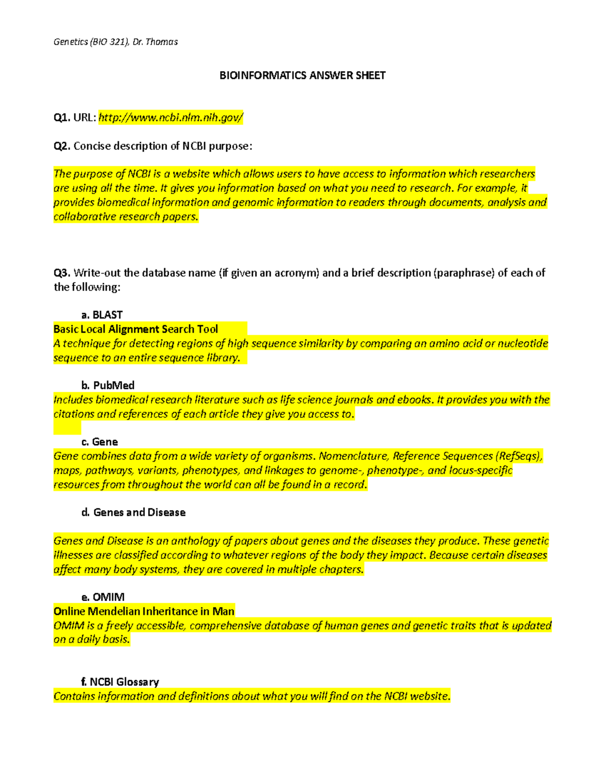 D. Genao Bioinformatics Answer Sheet - Genetics (BIO 321), Dr. Thomas ...