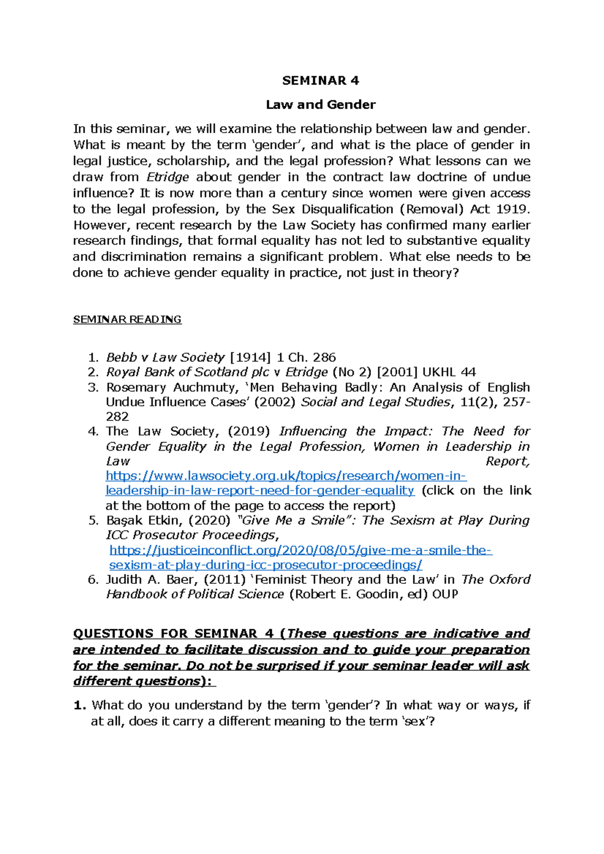 Sem 4 - gender - draft 16 sept 2021 - SEMINAR 4 Law and Gender In this ...
