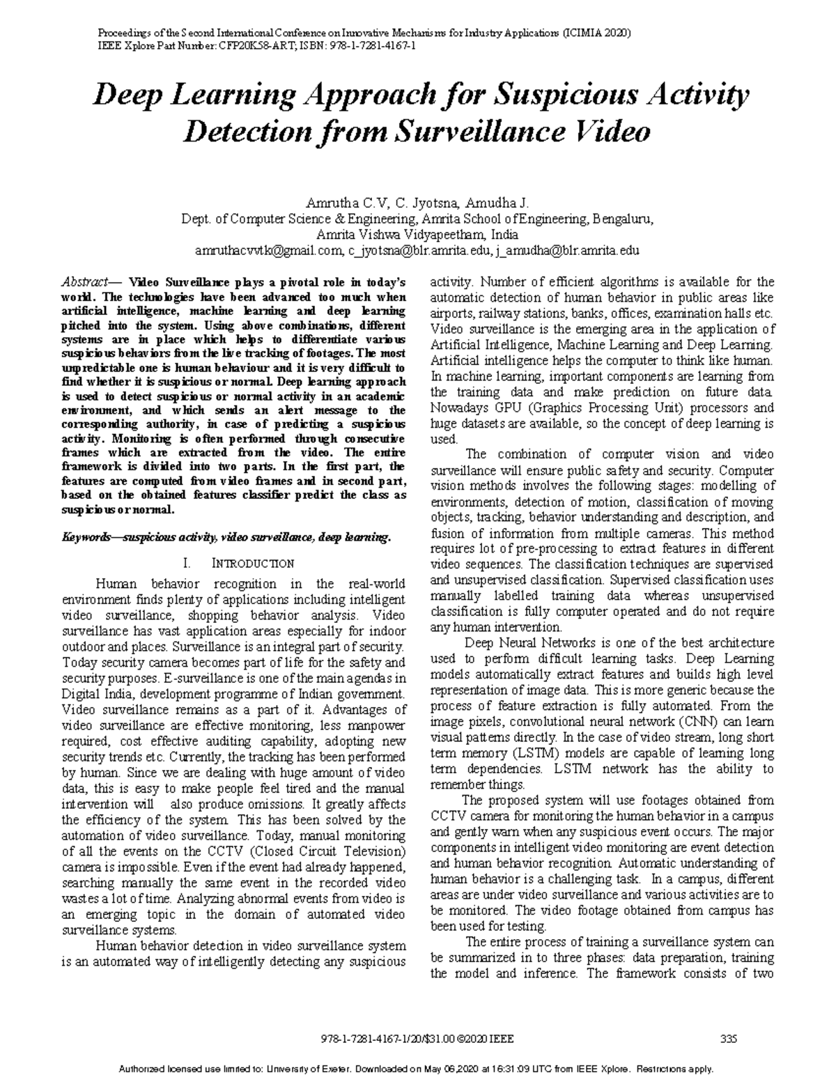 Amrutha 2020 - Deep Learning Approach for Suspicious Activity Detection ...