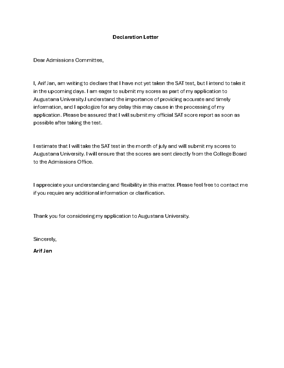 SAT - I have joined this course this year - Declaration Letter Dear ...