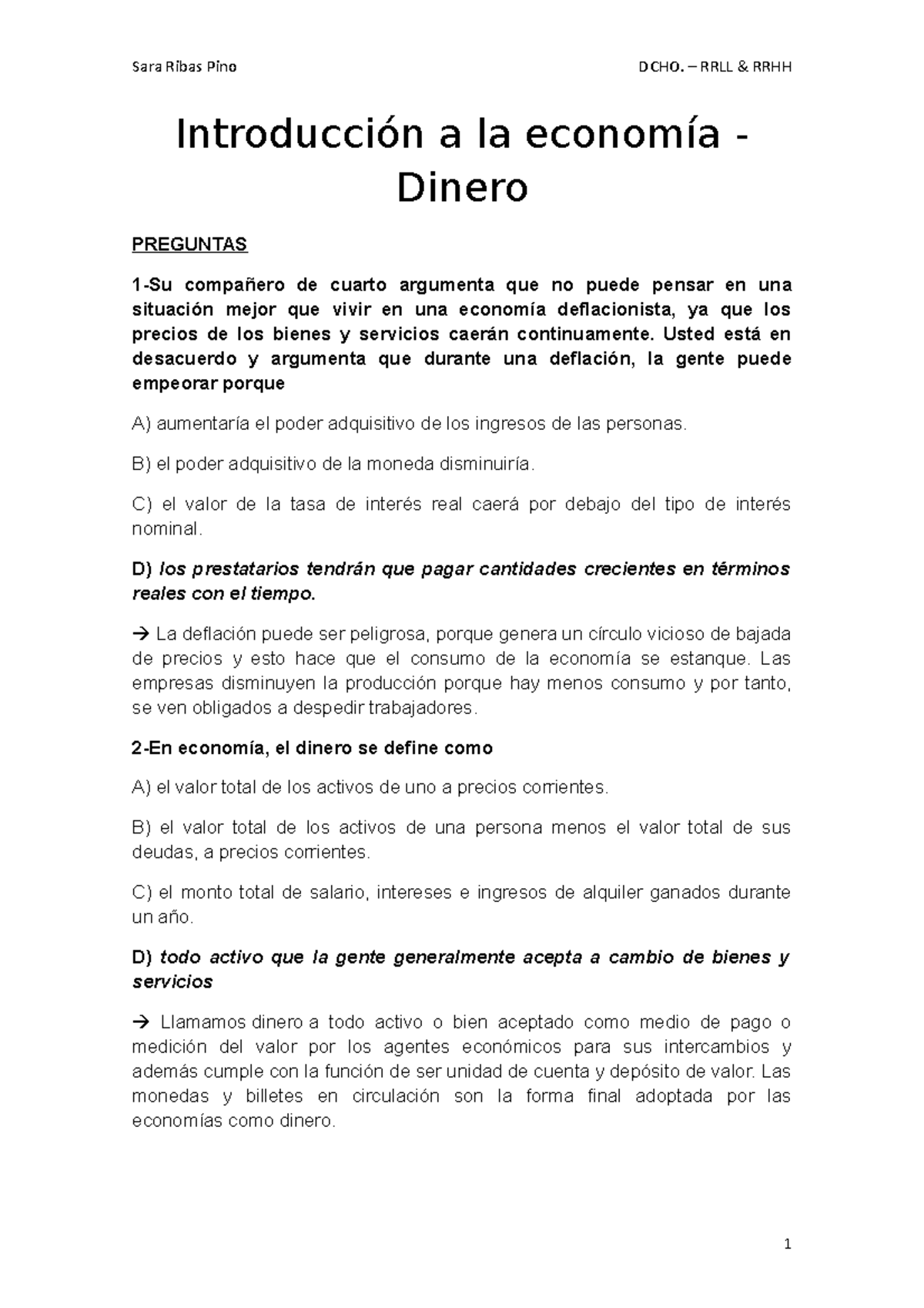 TEST Sobre EL Dinero - Introducción a la economía - Dinero PREGUNTAS 1 ...
