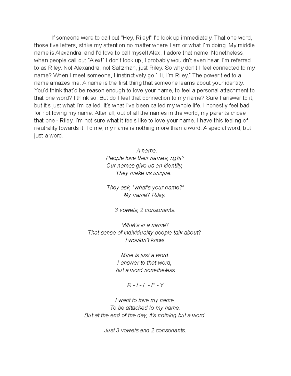 ENG1D1 My Name Story Grade 9 English Assignment If Someone Were
