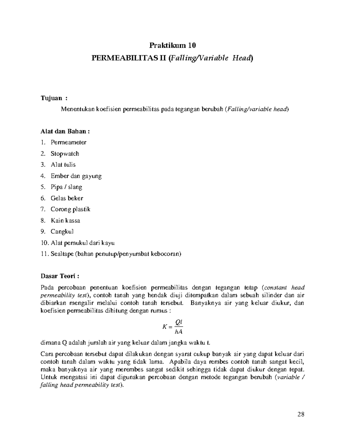 PERMEABILITAS II (Falling/Variable Head) - 28 Praktikum 10 ...