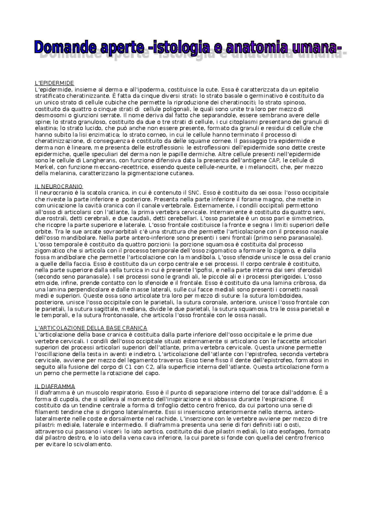 Termini anatomia - Terminologia parti anatomiche - L’EPIDERMIDE L ...