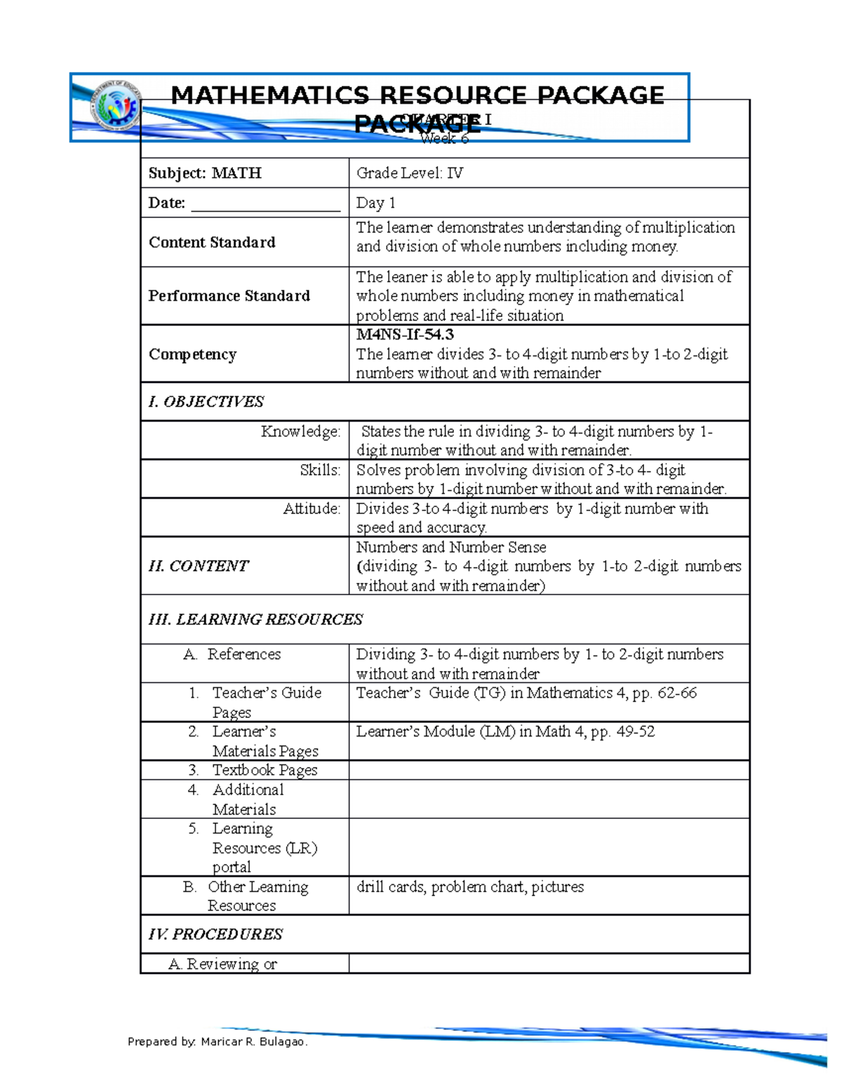 MATH4 Q1 WEEK6 DAY1 - good - PACKAGEQUARTER I Week 6 Subject: MATH ...