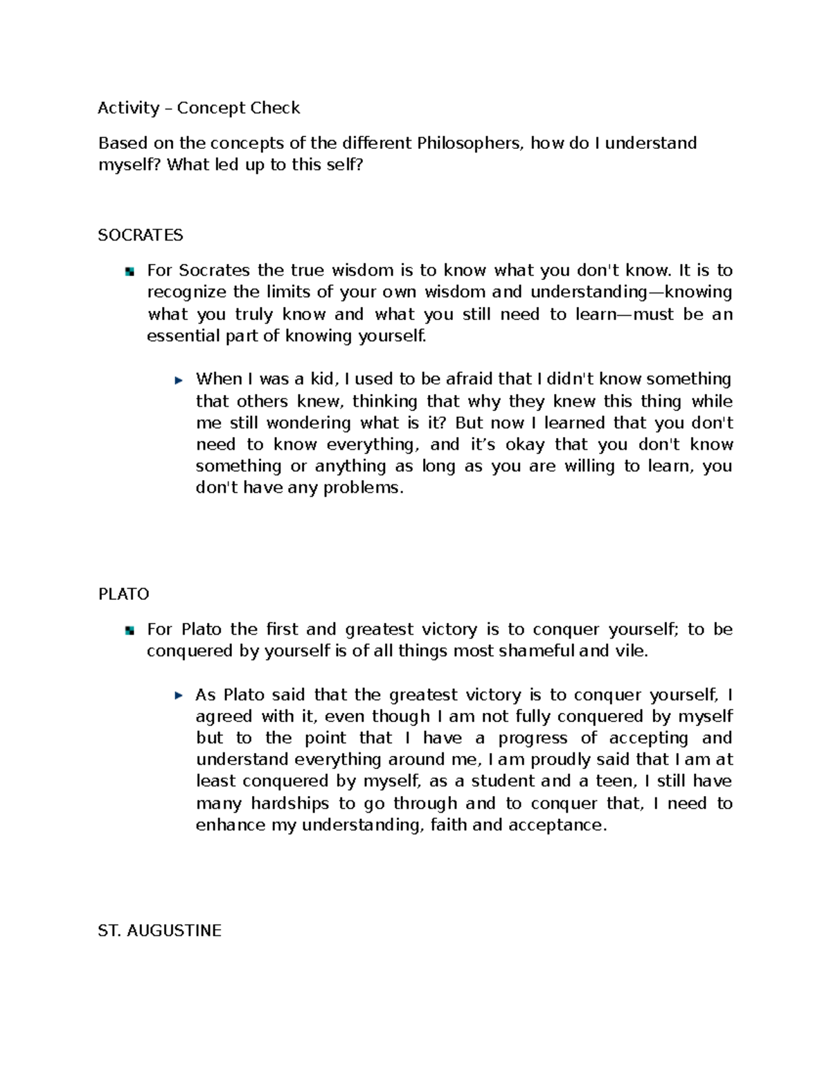 UTS - Understanding The Self - Activity – Concept Check Based on the ...