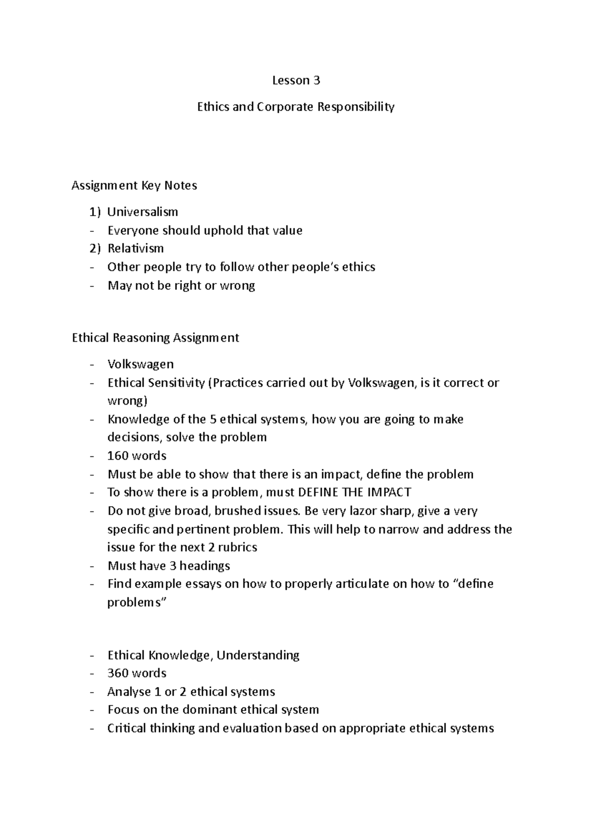 Lesson 3: Ethics and Corporate Responsibility - BE2601 - NTU - Studocu