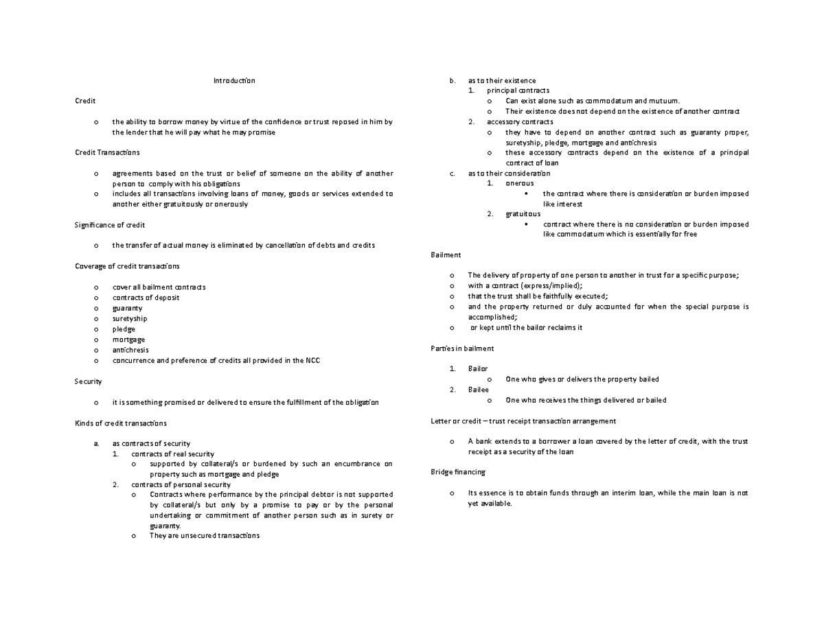 Credit - reviewer - Introduction Credit o the ability to borrow money ...