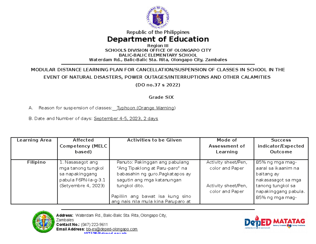 Modular Distance Learning PLAN FOR Cancellation Suspension OF Classes ...
