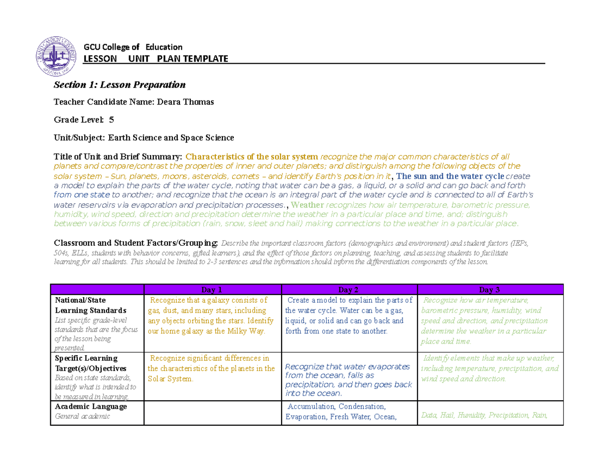 Benchmark science health unit plan - Section 1: Lesson Preparation ...