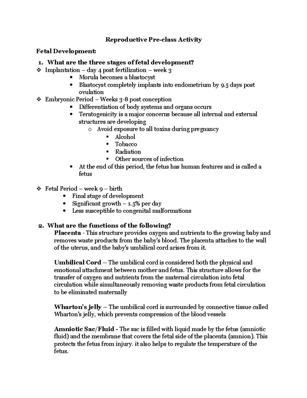NUR 114 Reproductive Prepwork - Reproductive Pre-class Activity Fetal ...