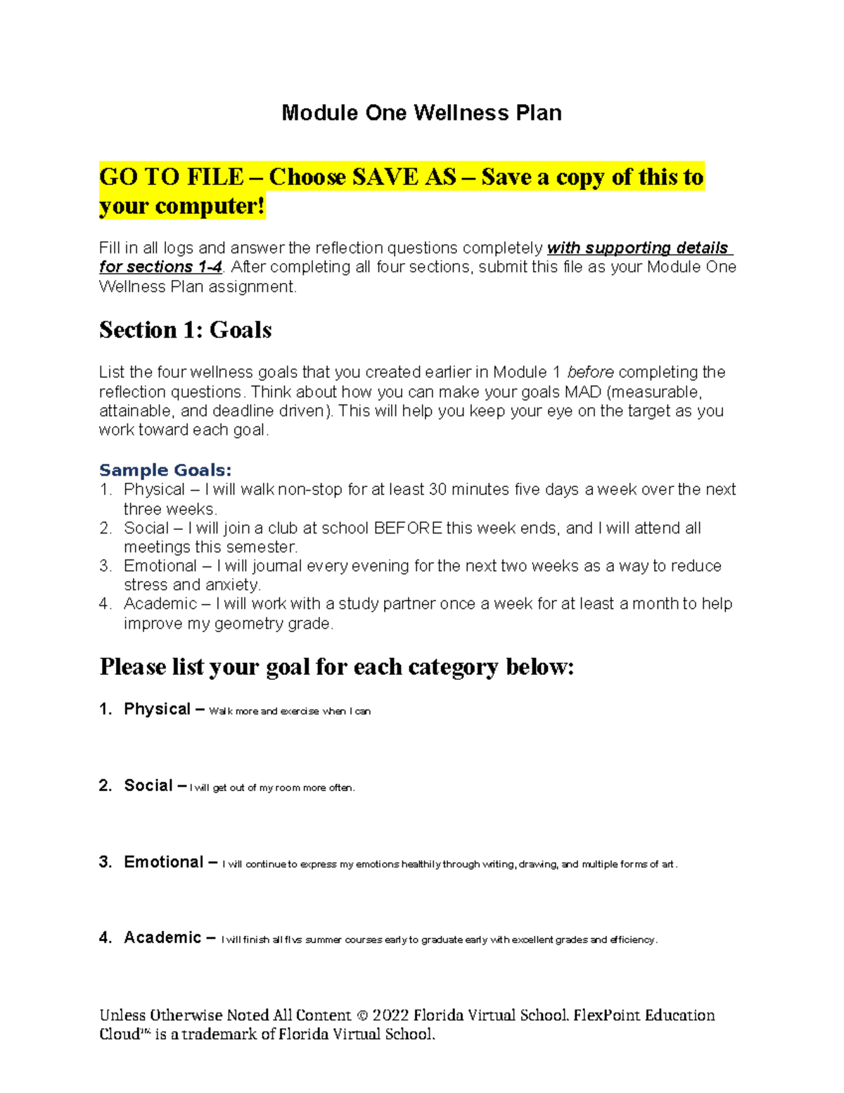 Copy of module one wellness plan - Module One Wellness Plan GO TO FILE ...
