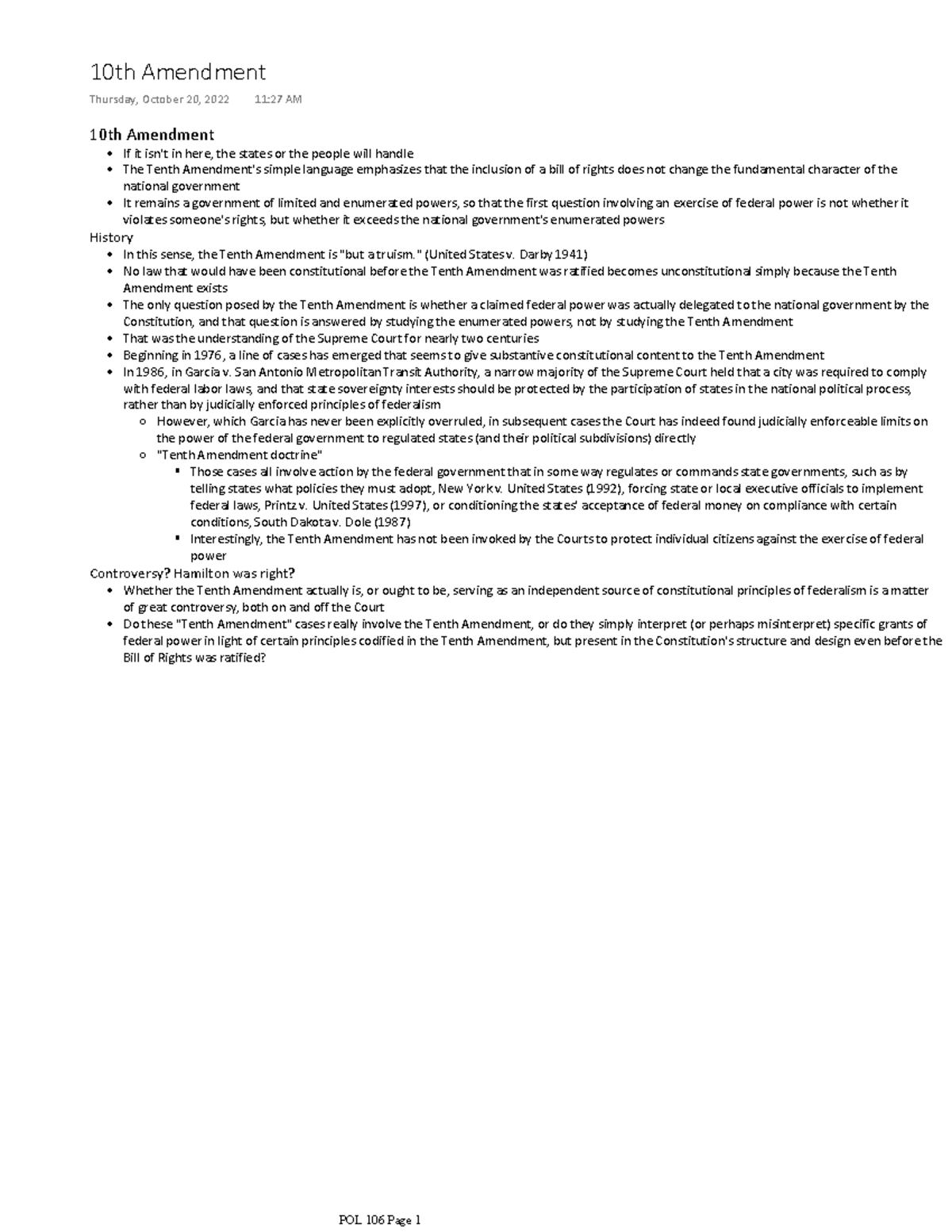 Pol 106 10th amendment - 10th Amendment If it isn't in here, the states ...