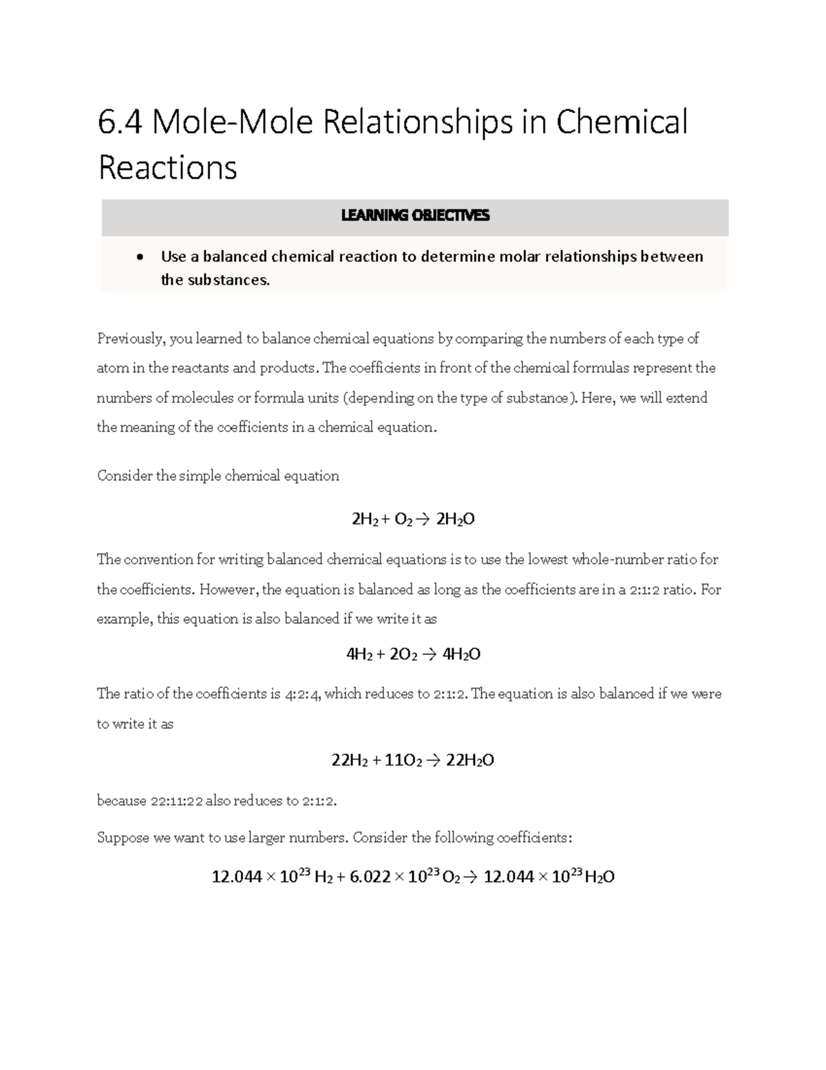 6 - Lecture notes ch 6 - 6 Mole-Mole Relationships in Chemical ...