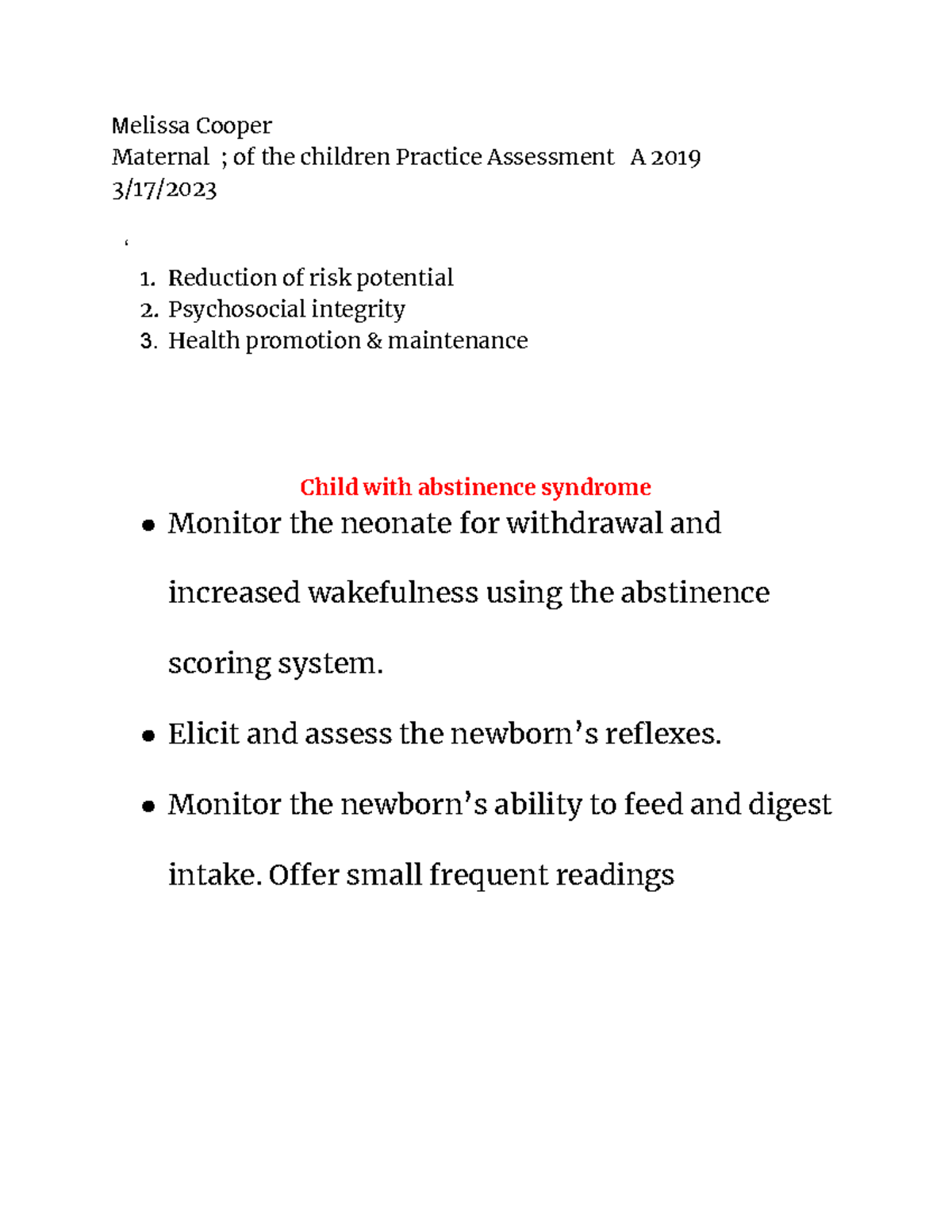 Care of child assessment A ; 3 crtitical points - MMaternal ; of the ...